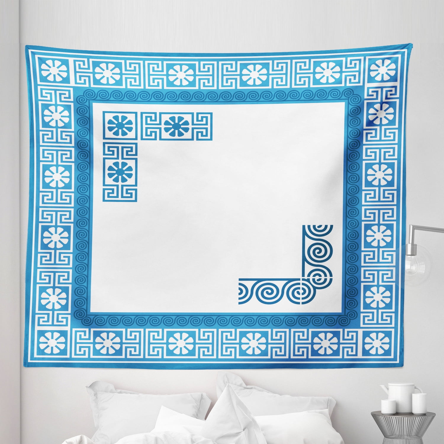 Greek Key Tapestry, Frame Traditional Vintage Square White Flowers and ...