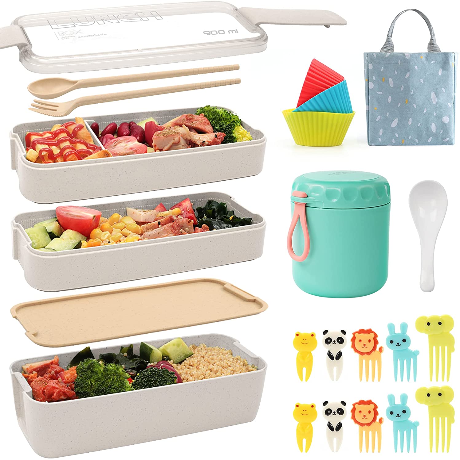 Bento Box Japanese Box,3-In-1 Compartment - Wheat Straw, Leakproof Eco ...