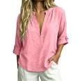 2026 Summer Cotton Linen Blouse for Women Split V Neck 3/4 Roll Tab ...