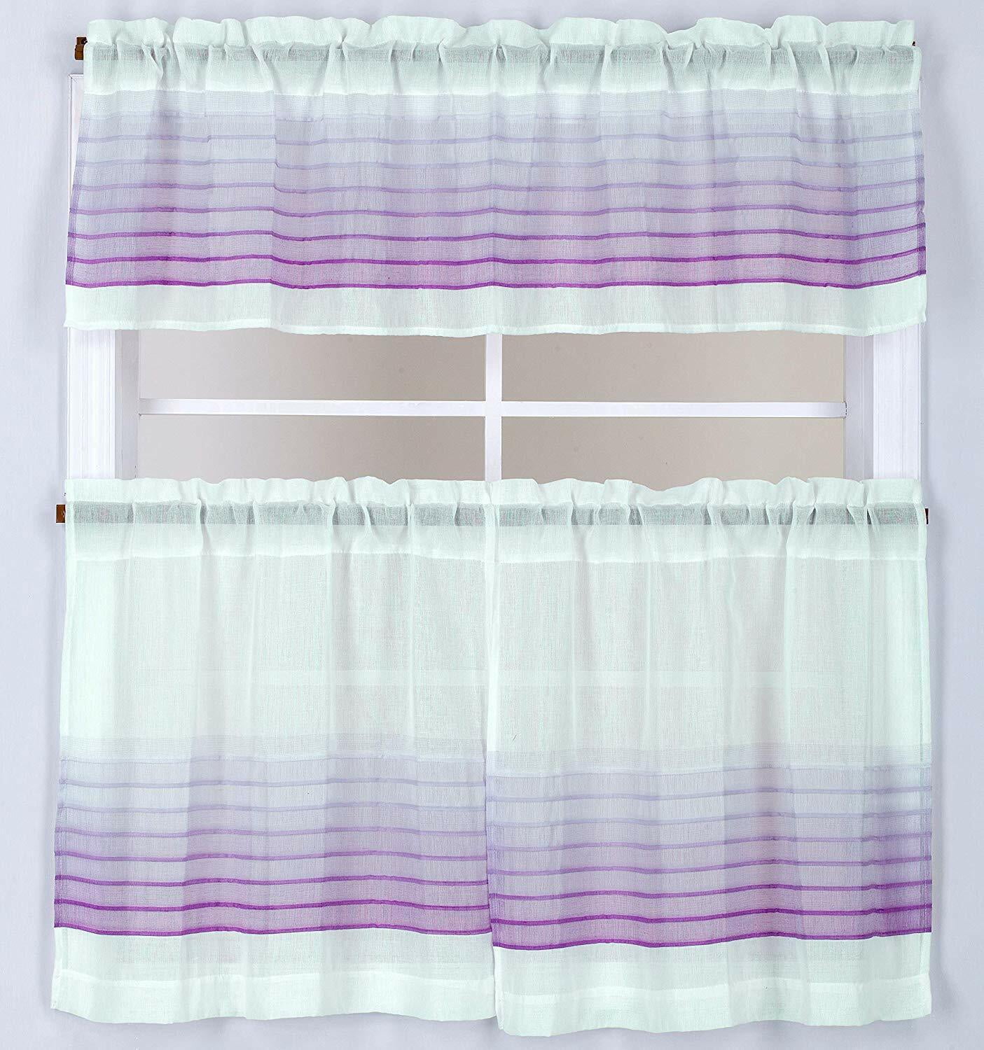3 Piece Embroidery Kitchen Window Curtain Set, 2 Tiers & 1 Valance ...
