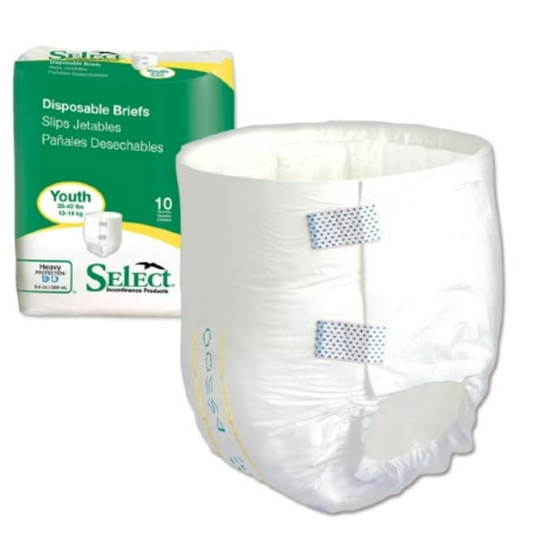 Select Heavy Absorbency Incontinent Brief 3665 Youth Pack of 10, White ...
