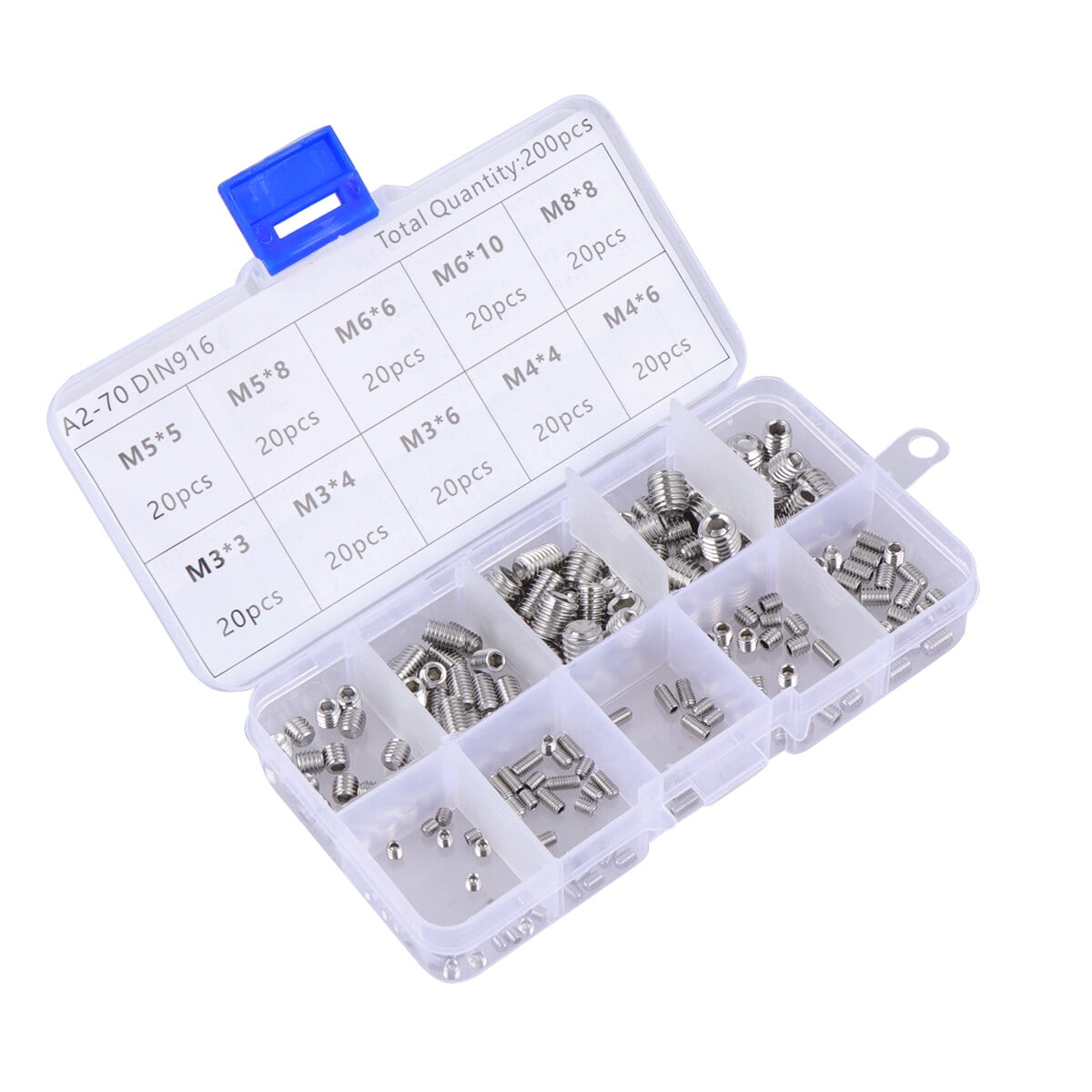 200pcs M3-M8 304 Stainless Steel Metric Thread Grub Screw Flat Point Hexagon Socket Set Screws ...