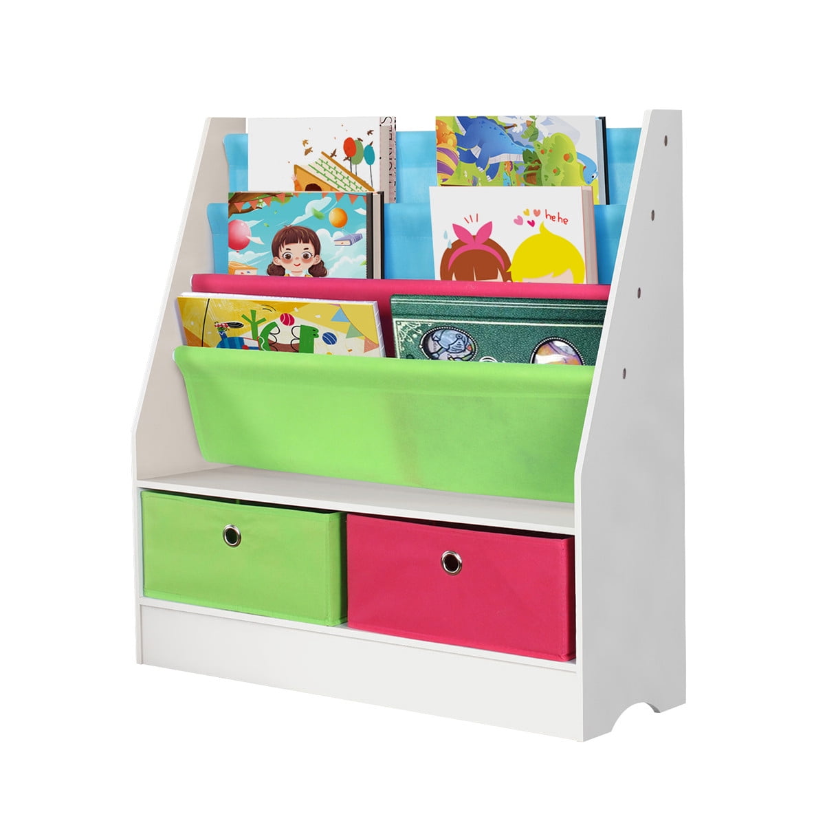 Kid s Bin Storage And Bookcase Children Book Rack With Fabric And Box kid-s-bin-storage-and-bookcase-children-book-rack-with-fabric-and-box
