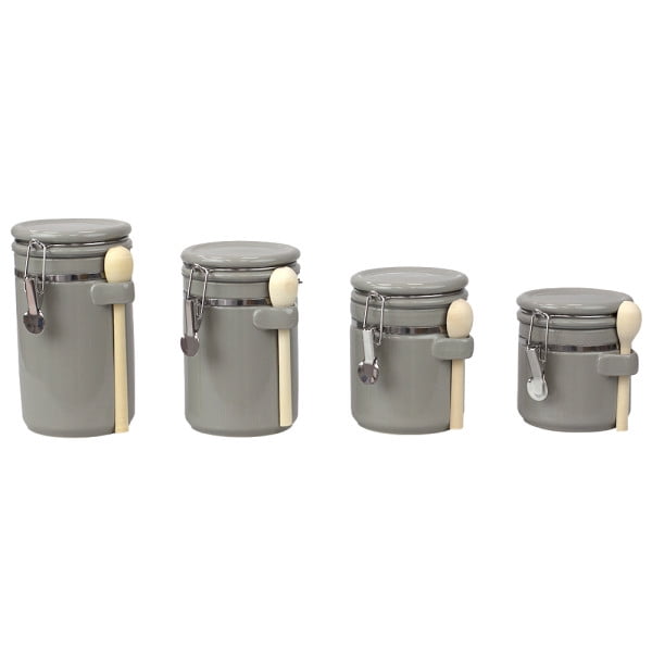 Home Basics 4 Piece Ceramic Canister Set with Wooden Spoons, Grey, 25 ...