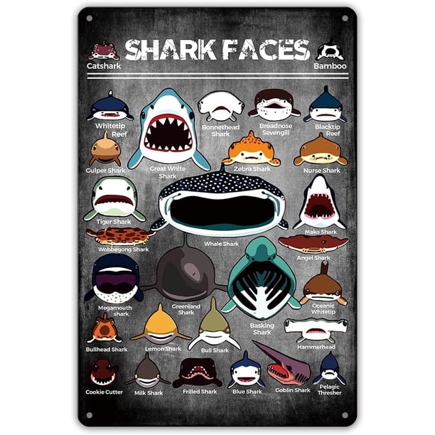 MUCHENGGIFT Vintage Shark Faces Metal Tin Sign Wall Decor Retro Nature ...