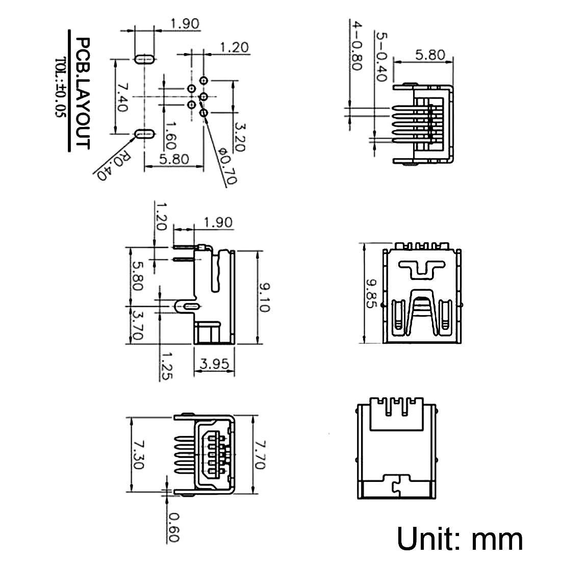 Mini USB PCB Connector Female 5P Vertical Insert 90 Degree Angle 20pcs ...