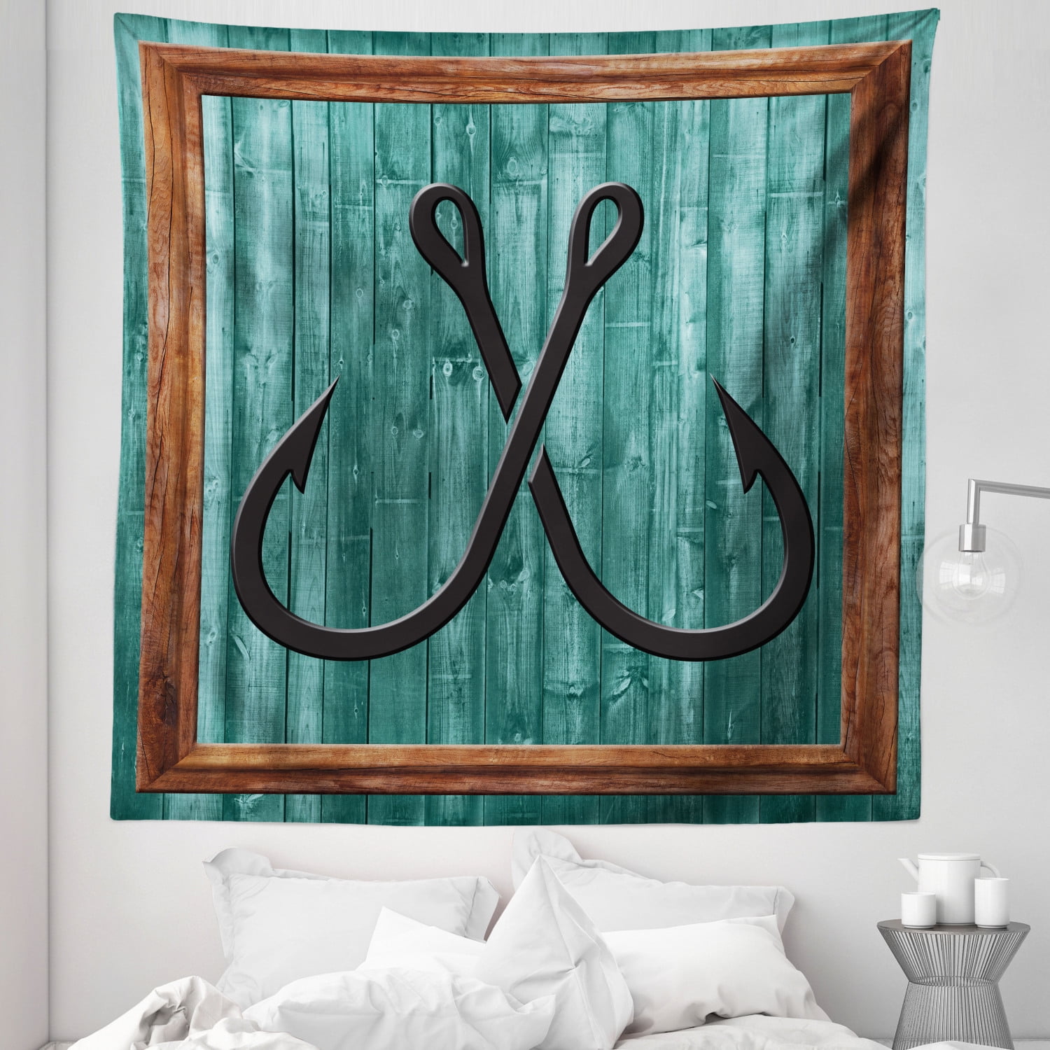 Nautical Tapestry, Fishing Lures Anchor Modern Abstract Painting Wooden ...