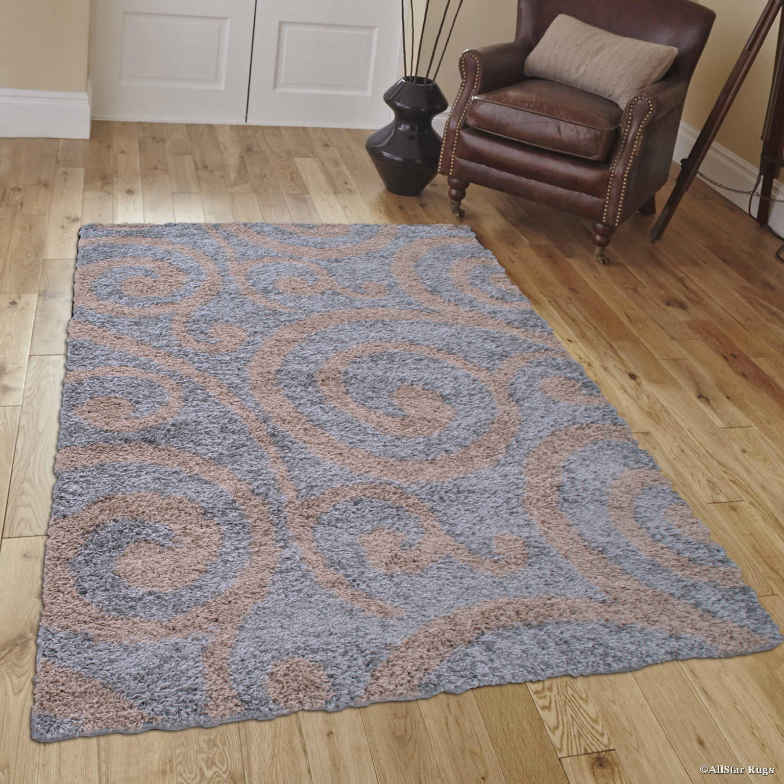 Allstar Modern Contemporary Silver High Pile Posh Shaggy Scroll Pattern ...