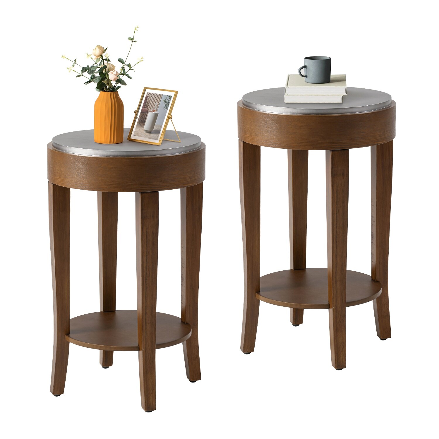 COSIEST 2-Tier Round Accent End Table with Shelf, Bedside Table 2PC ...