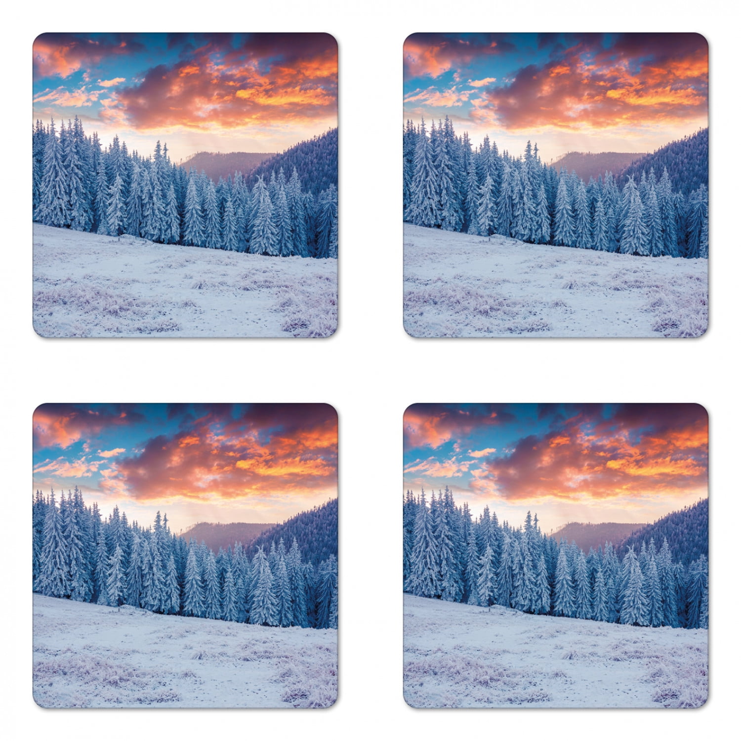 Nature Coaster Set of 4, Winter Snowy Mountain Valley with Pines Sunset ...