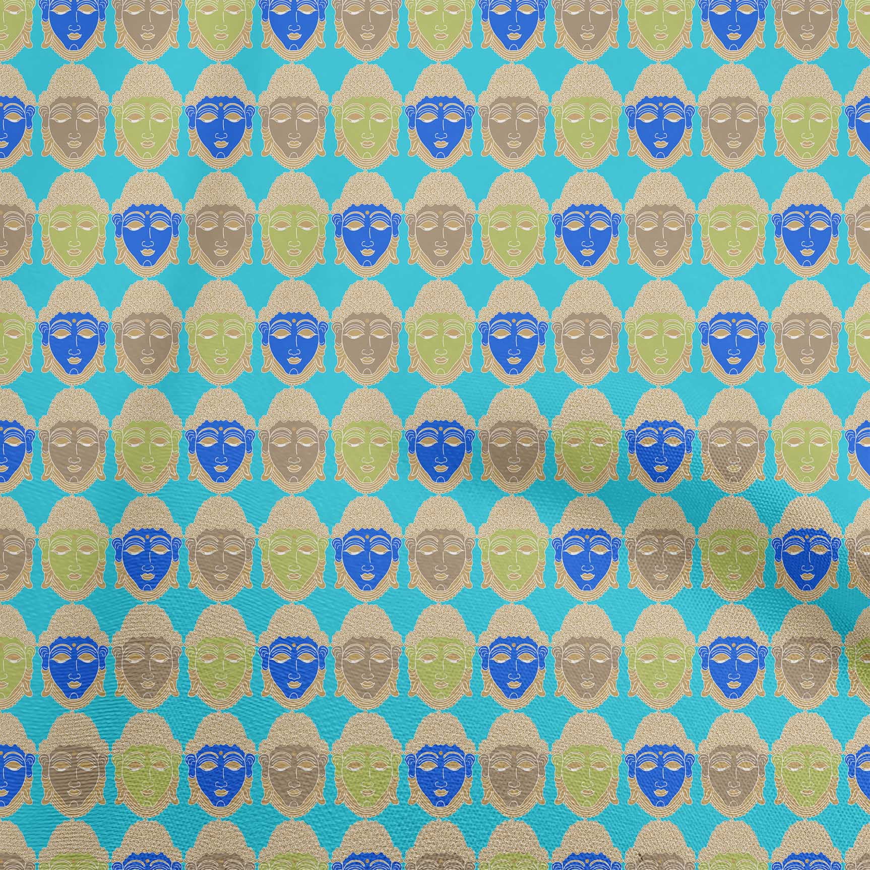 oneOone Cotton Cambric Turquoise Blue Fabric Lord Buddha Face Quilting ...