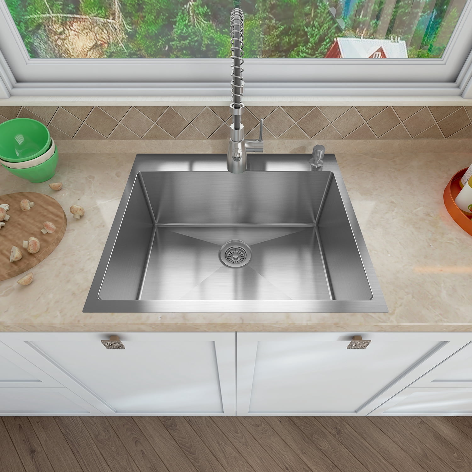 Sinber 25" x 22" x 9" Drop In Single Bowl Kitchen Sink with 18 Gauge ...