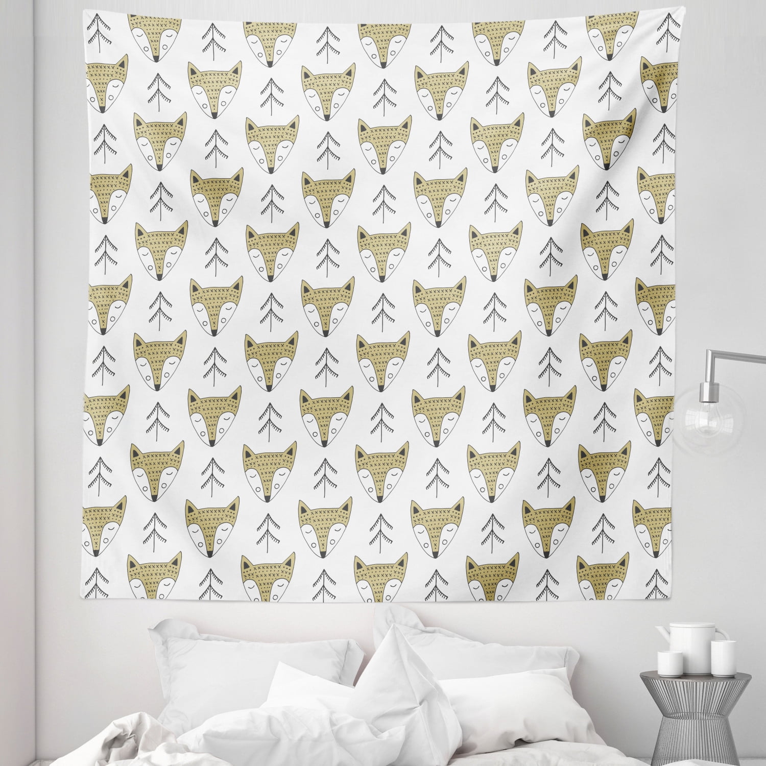 Cartoon Tapestry, Doodle Style Forest Animals Hand Drawn Sleeping Fox ...