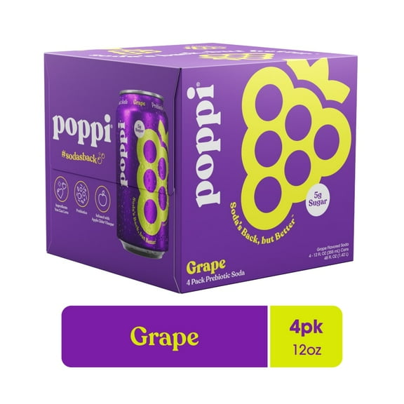 poppi Raspberry Rose Prebiotic Soda, 12 oz, 4 Pack Cans with 5g Sugar ...