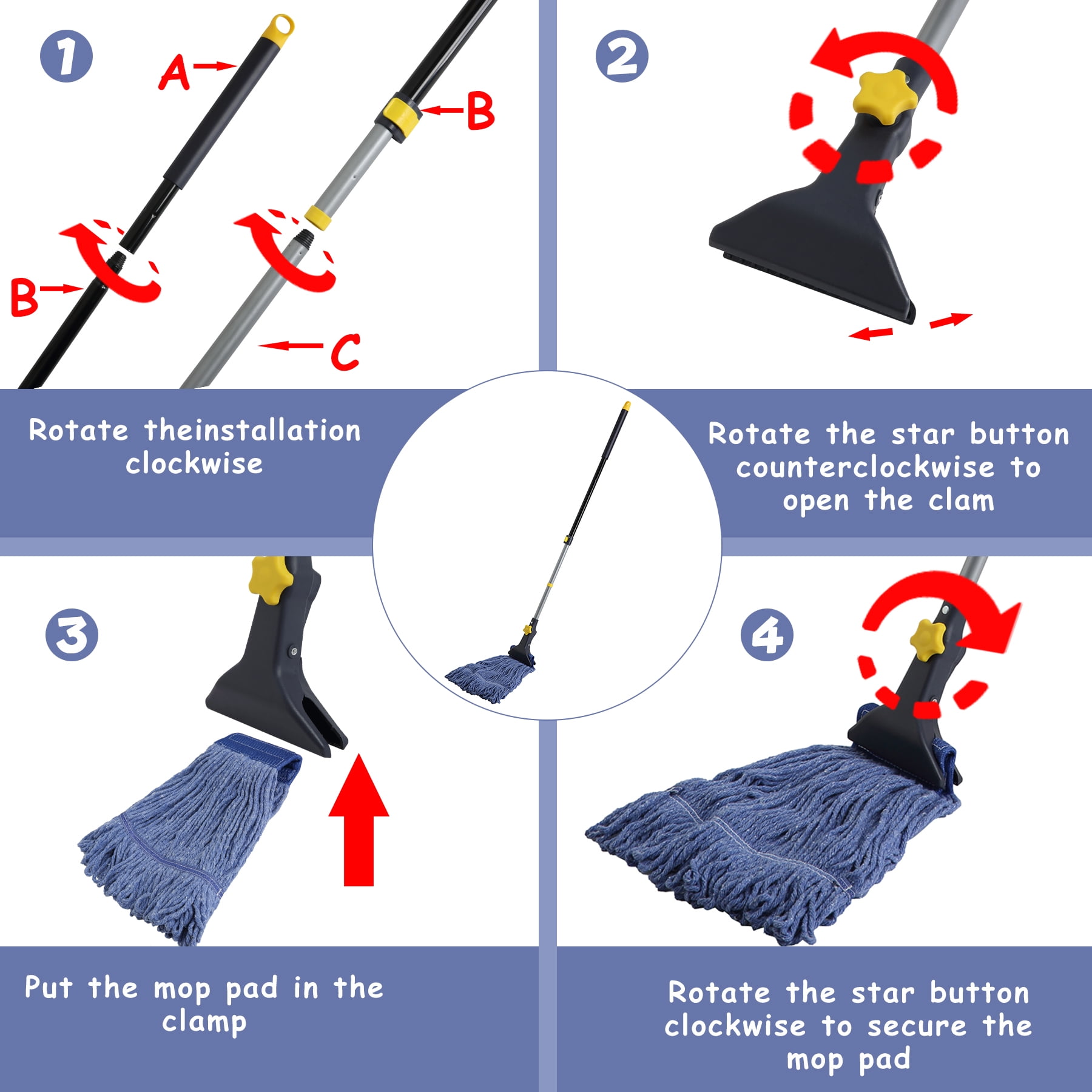 Eyliden Heavy Duty Cotton Mop Looped-End String Wet Mop Commercial ...