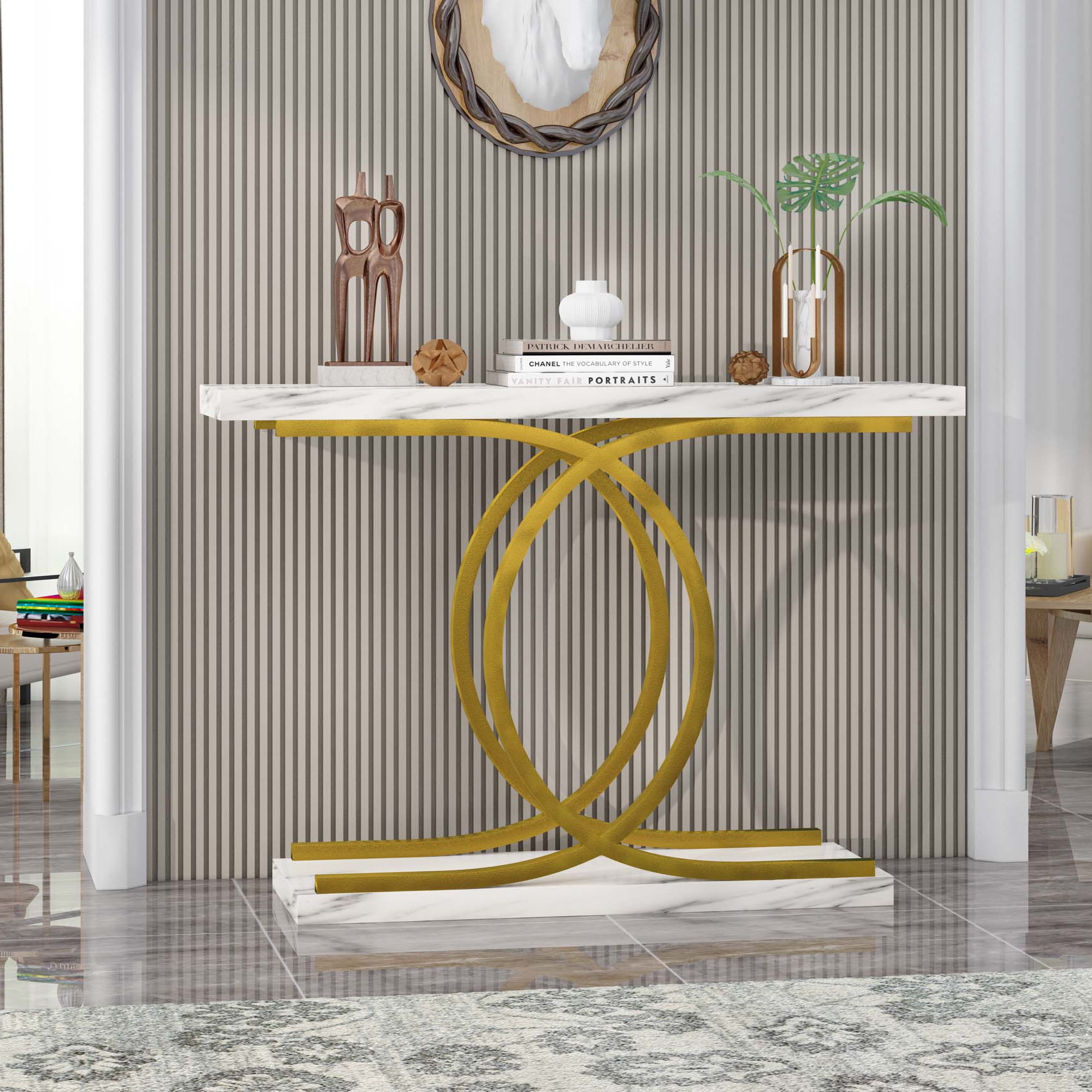 PAKASEPT Console Table with Gold Base, 40 inch White Faux Marble Narrow ...