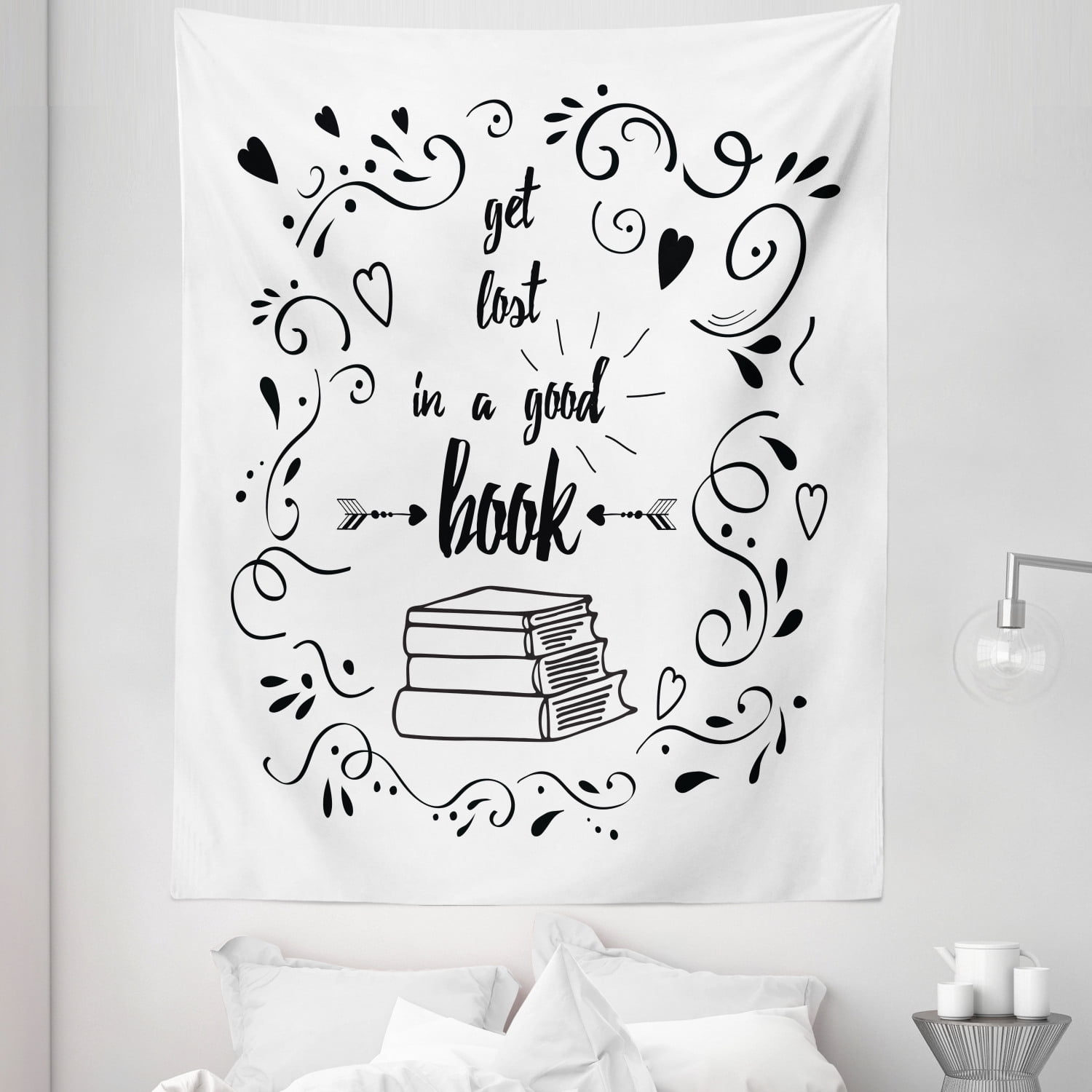 Book Tapestry, Get Lost Reading Printed Words Hand Drawn Floral Pattern ...
