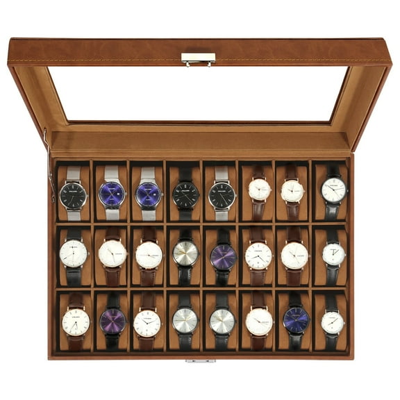 Uten 24-Slot Luxury PU Leather Watch Box, Large Glass Top Display Case ...
