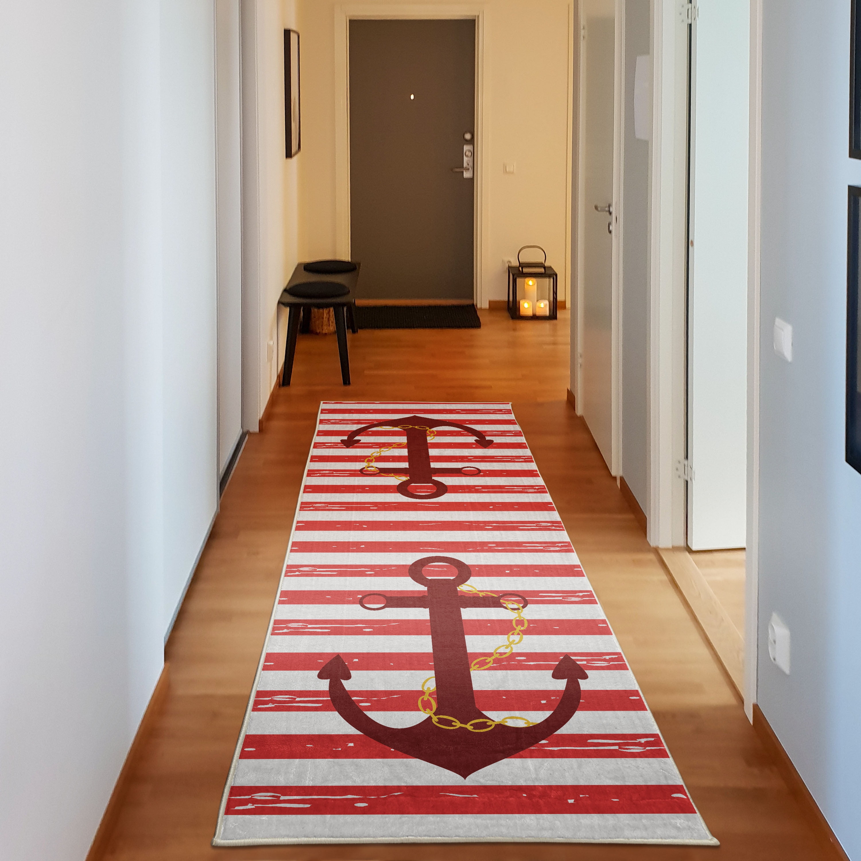 Striped Decorative Rug, Ship Anchor Chain Marine Life Inspired Lines ...