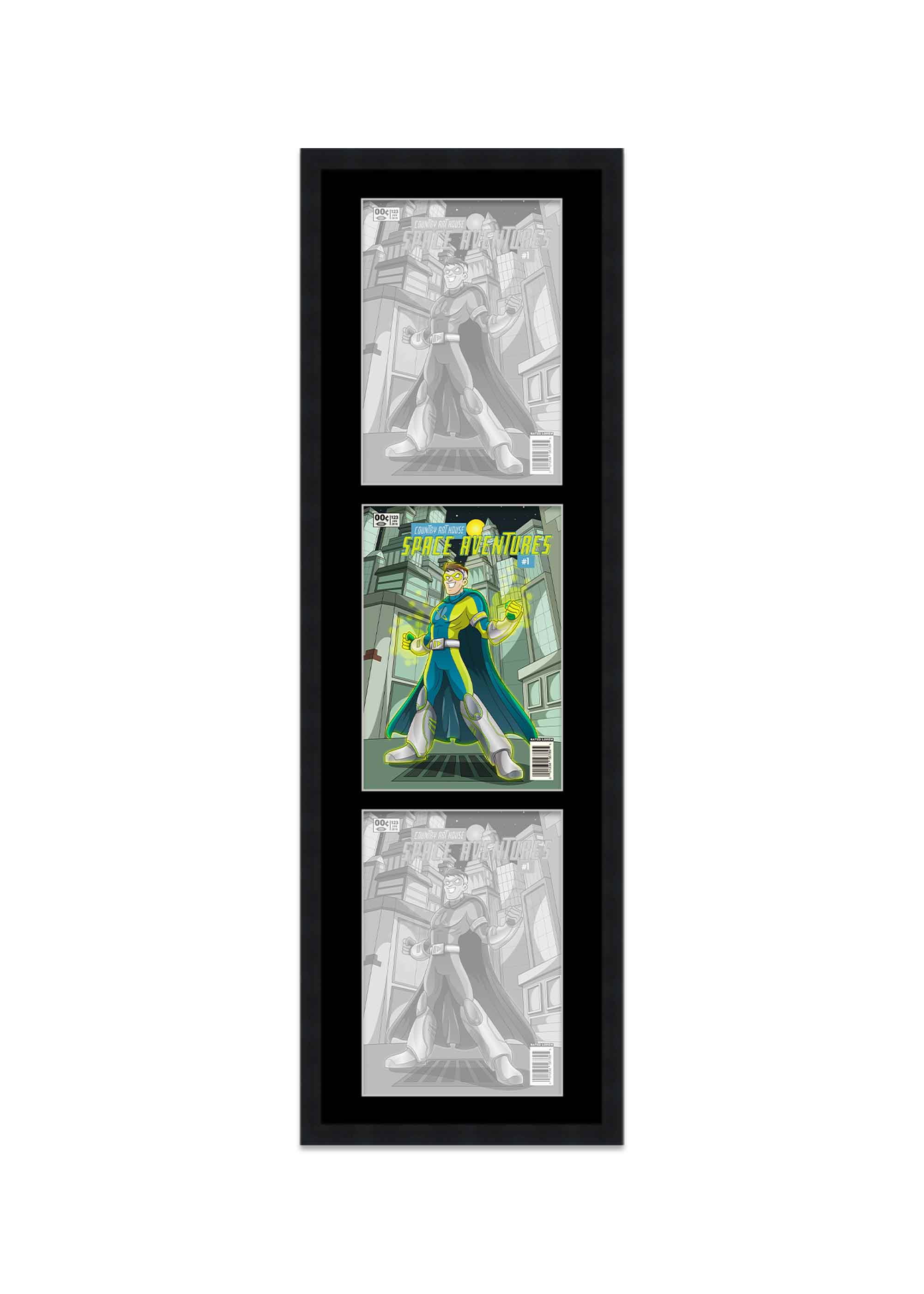 Black Comic Book Frame with Black Mat - 3 Openingss to Display 3 7.25 ...