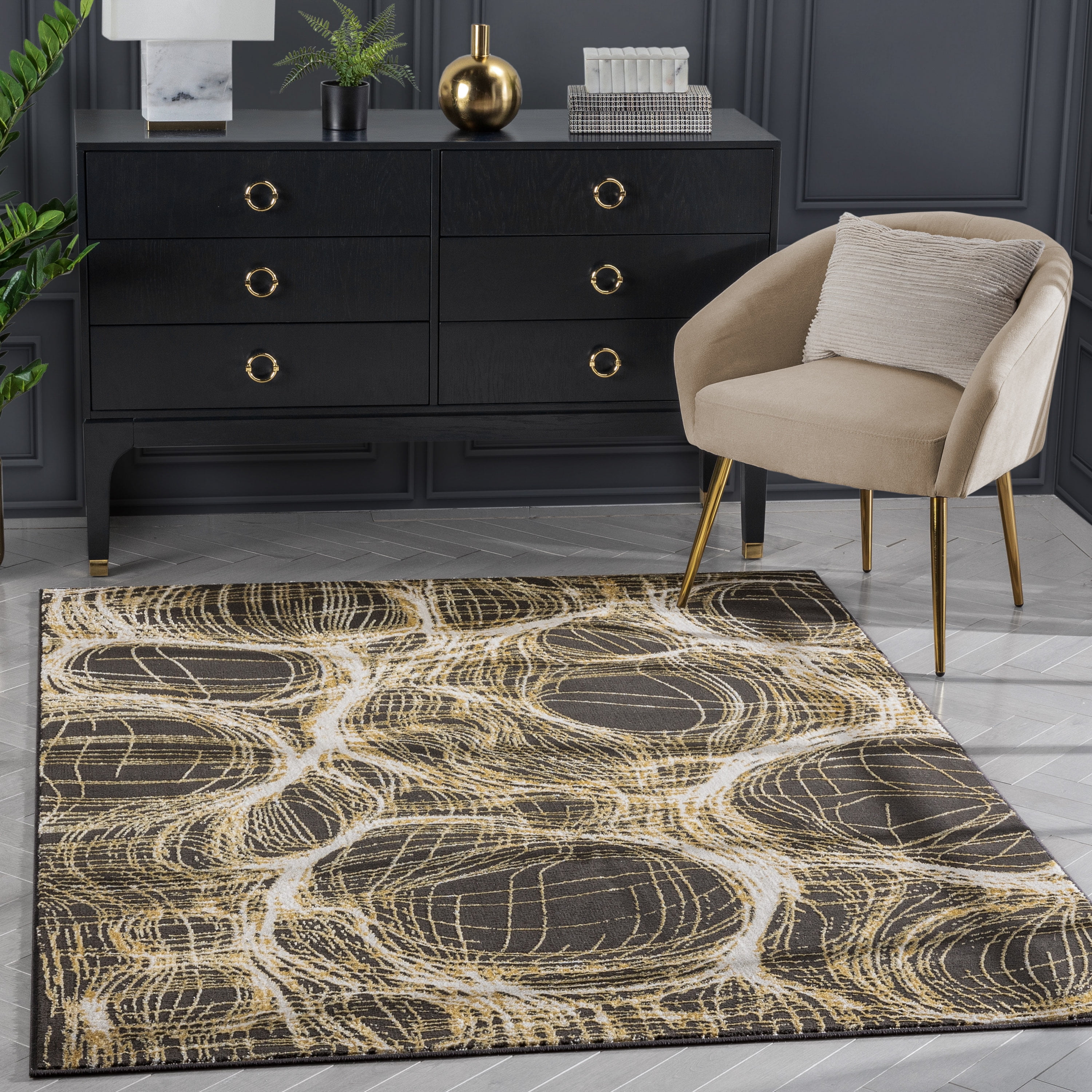 Well Woven Shoanae Abstract Yellow Geometric Bubbles Soft Glam Area Rug ...
