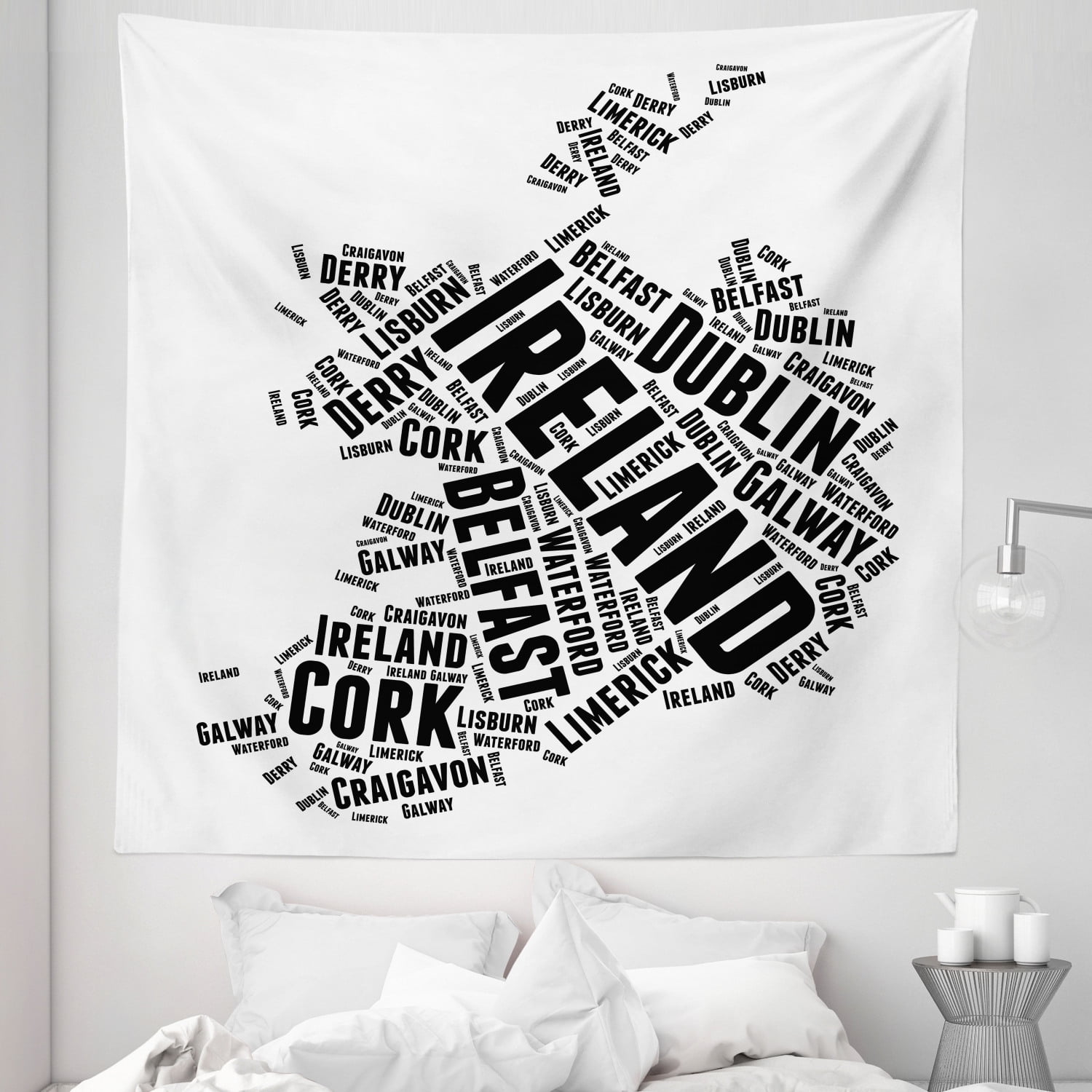 Ireland Map Tapestry, Modern Calligraphic Monochrome Design of Map ...