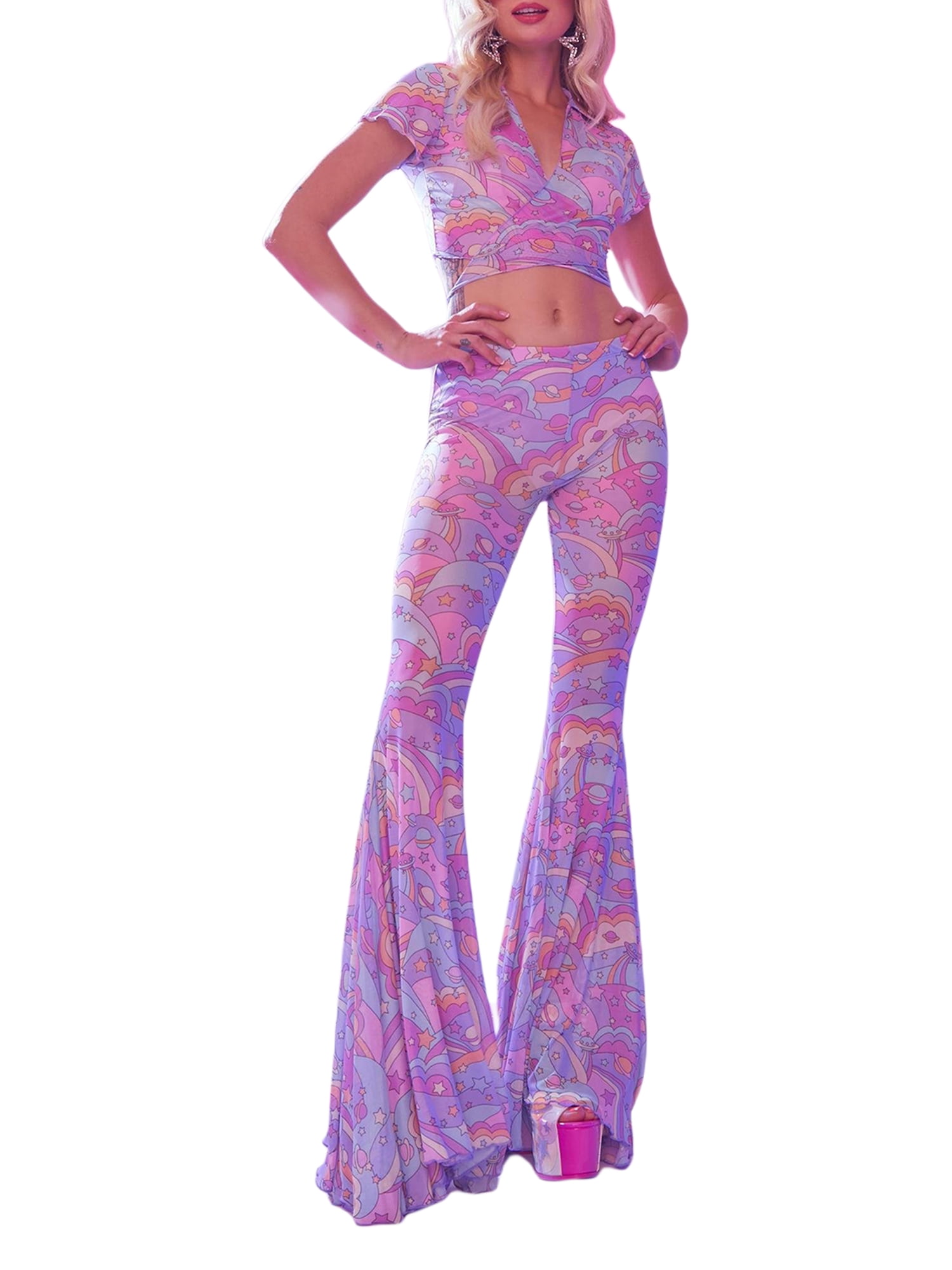 Women Pink Flare Pants Set Tulle V-Neck Crop Top + High Waist Wide Leg ...