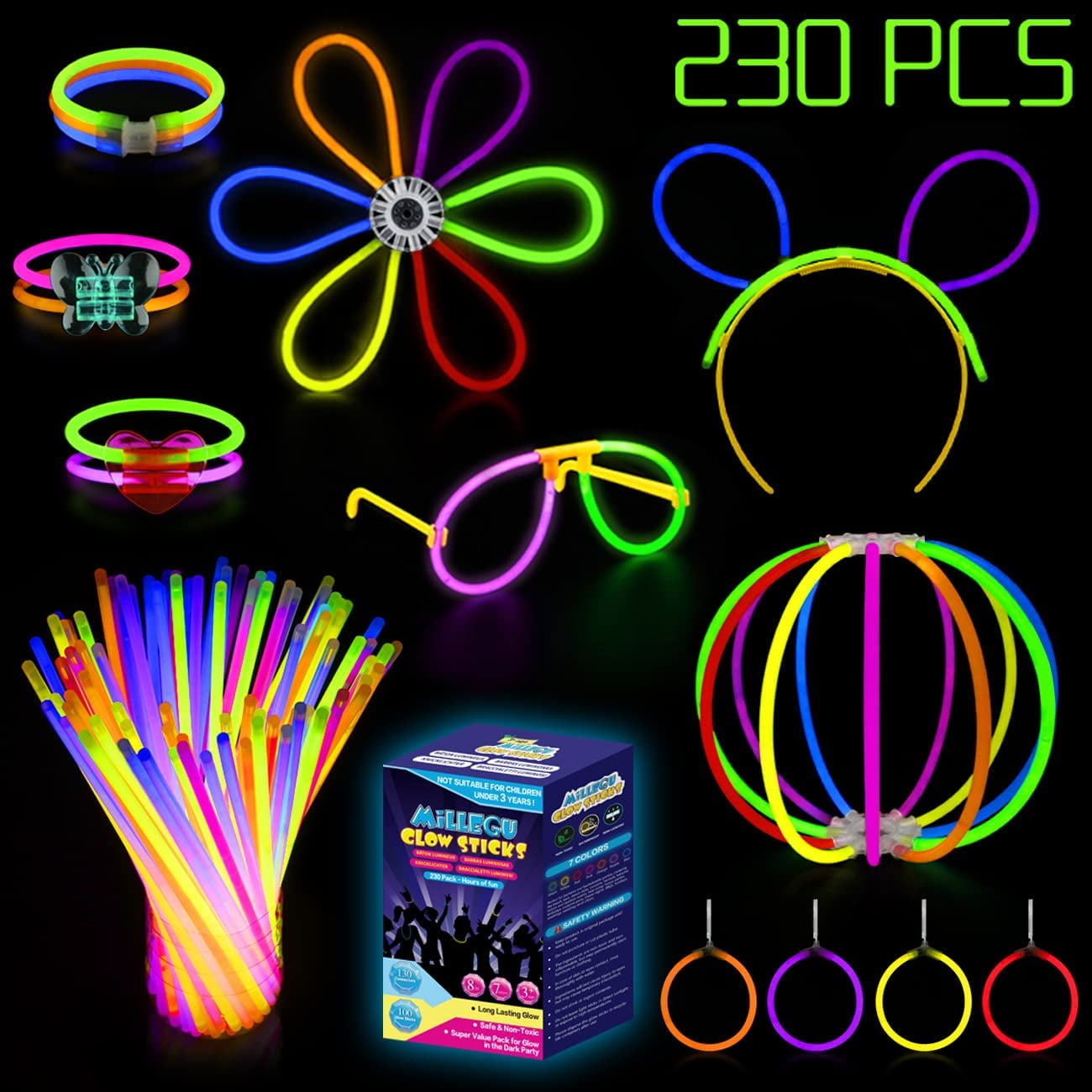 Glow Sticks Party Set 204 varitas luminosas, pulseras y collar con ...
