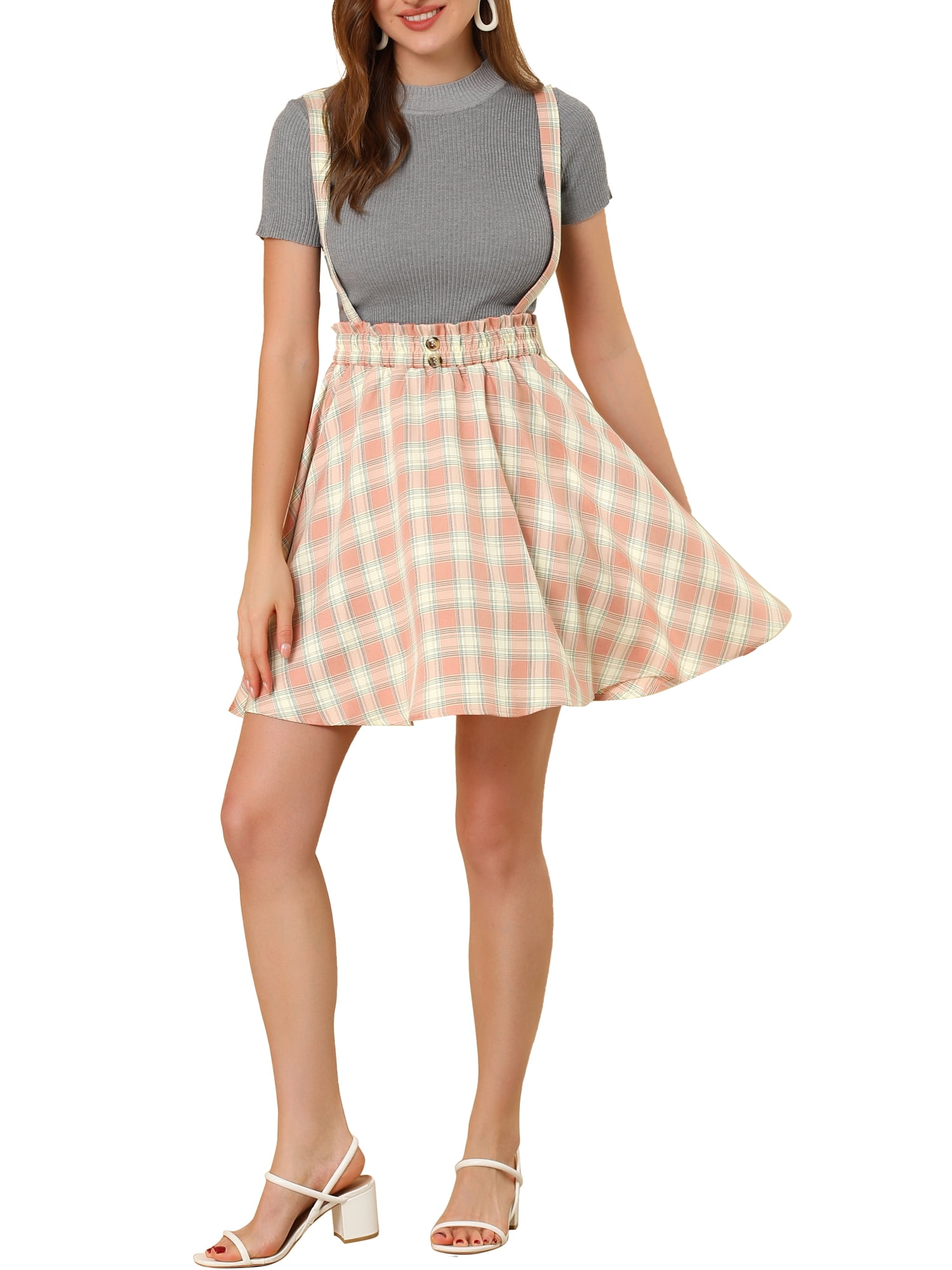 Unique Bargains Womens Tartan Plaid Elastic Waist Skater Suspender