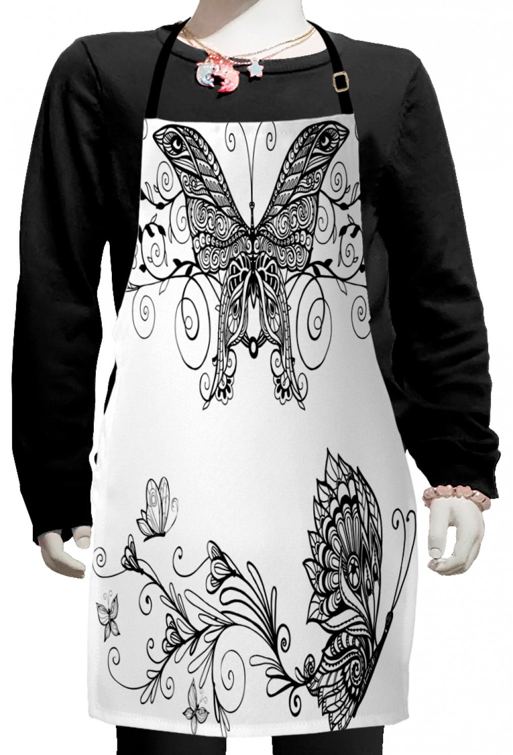 Black and White Kids Apron, Butterfly with Floral Mandala Pattern ...
