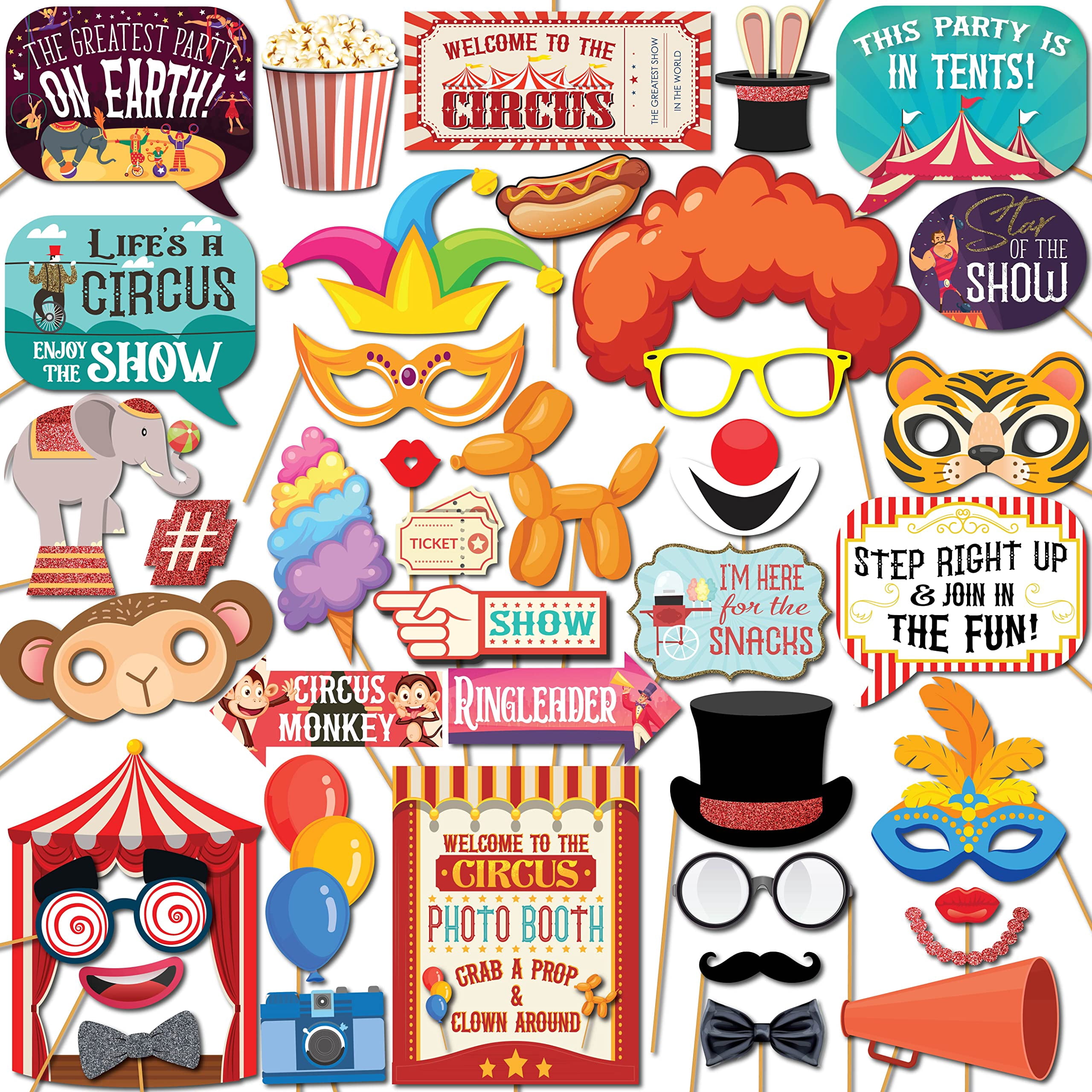 Carnival Photo Booth Props - 41-pc Photobooth Kit with 8 x 10-Inch Sign ...