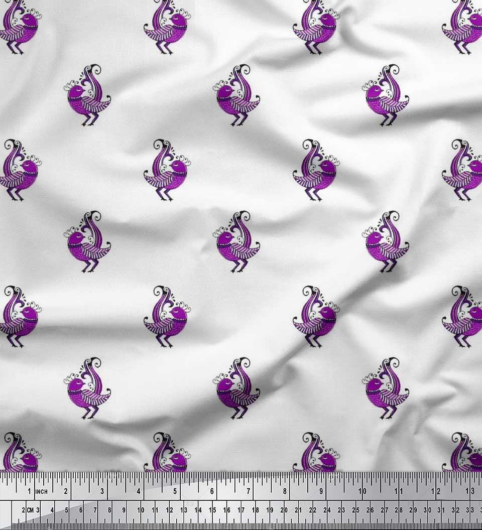 Soimoi Japan Crepe Satin Fabric Bird Block Print Fabric by Yard 42 Inch ...