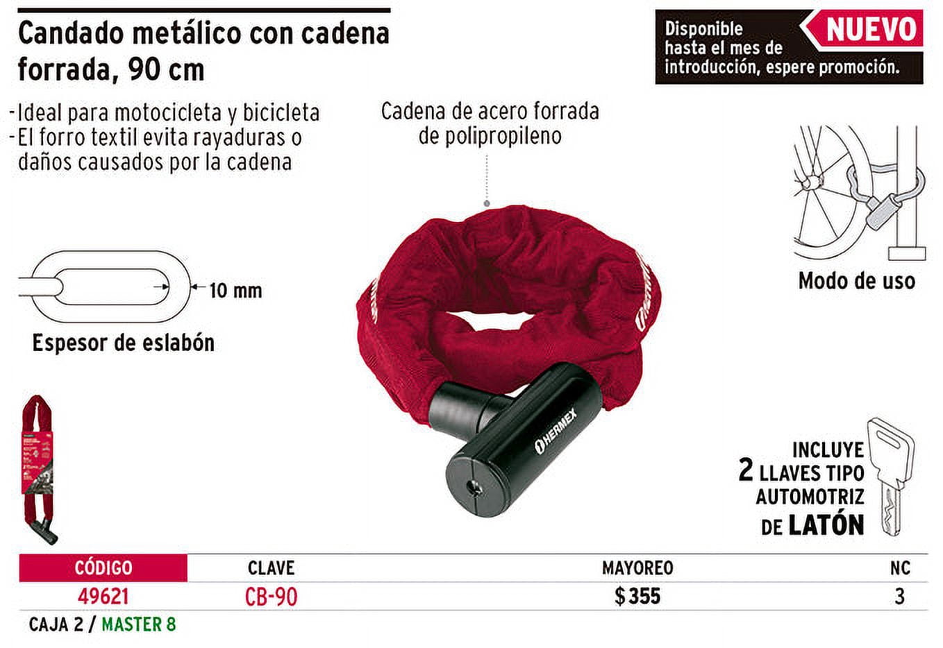 Candado con cadena forrada de 10 mm, Hermex Hermex CB-90 | Bodega ...