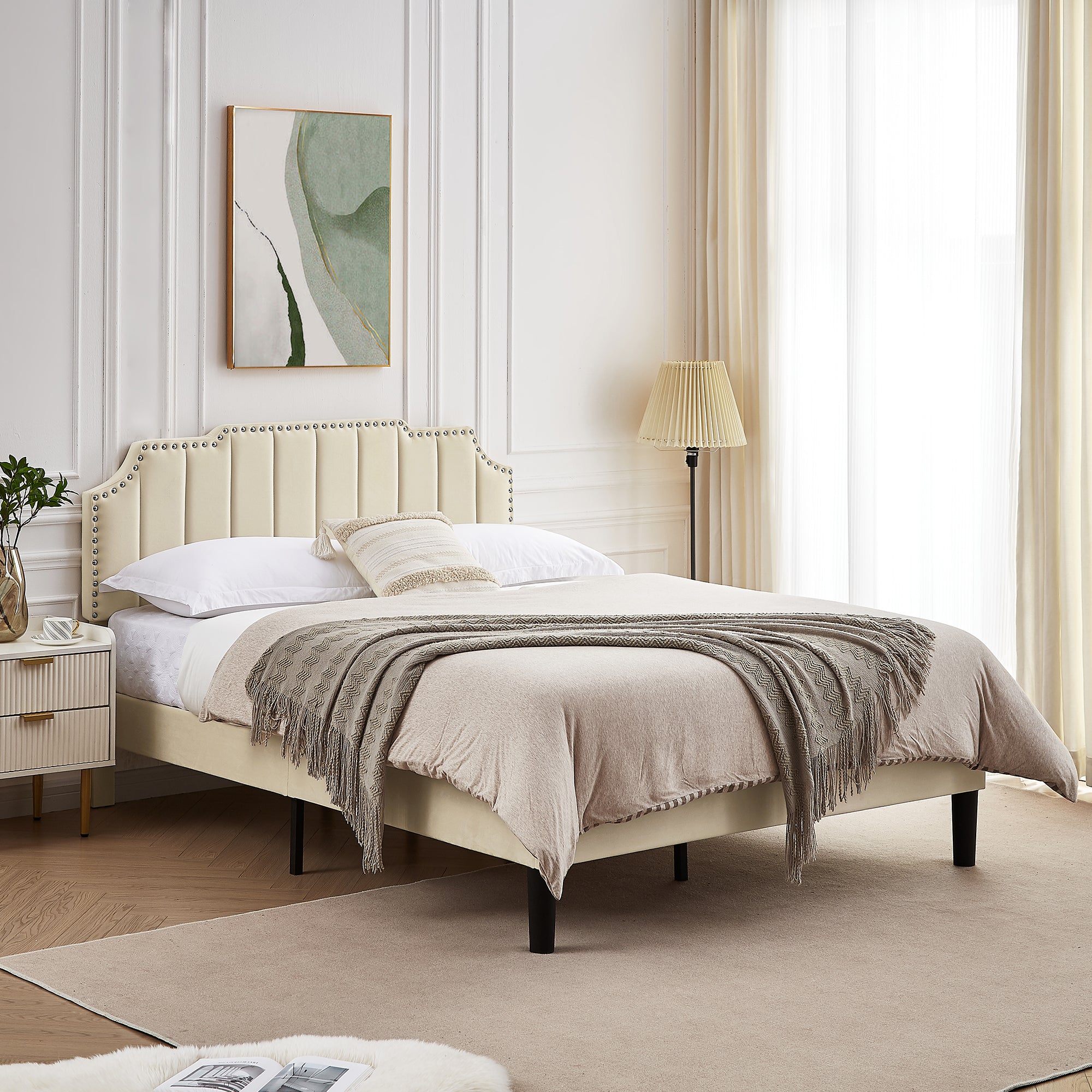 Taomika, Full Size Upholstered Platform Bed Frame with Nailhead Trim ...