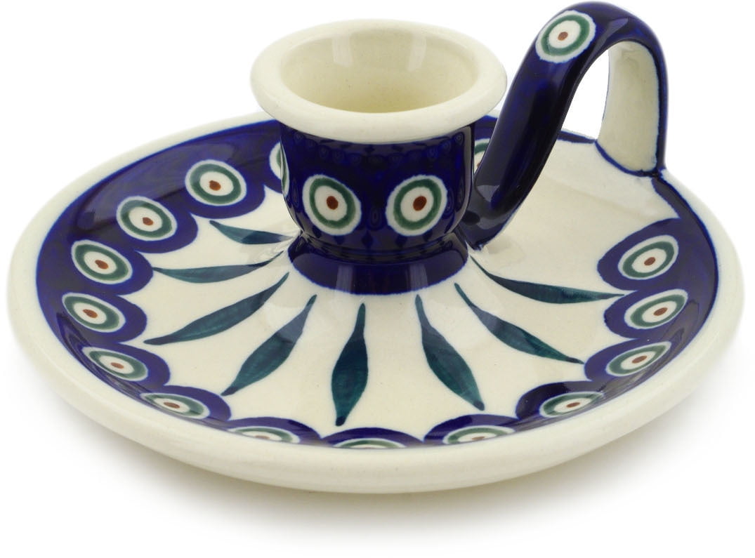 Polish Pottery 5½-inch Candle Holder (Peacock Leaves Theme) Hand ...