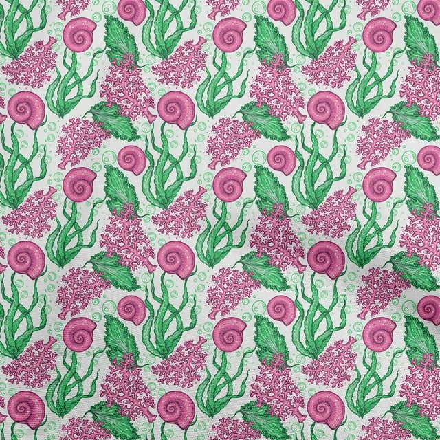 oneOone Polyester Spandex Green Fabric Sea Shells Ocean Dress Material ...