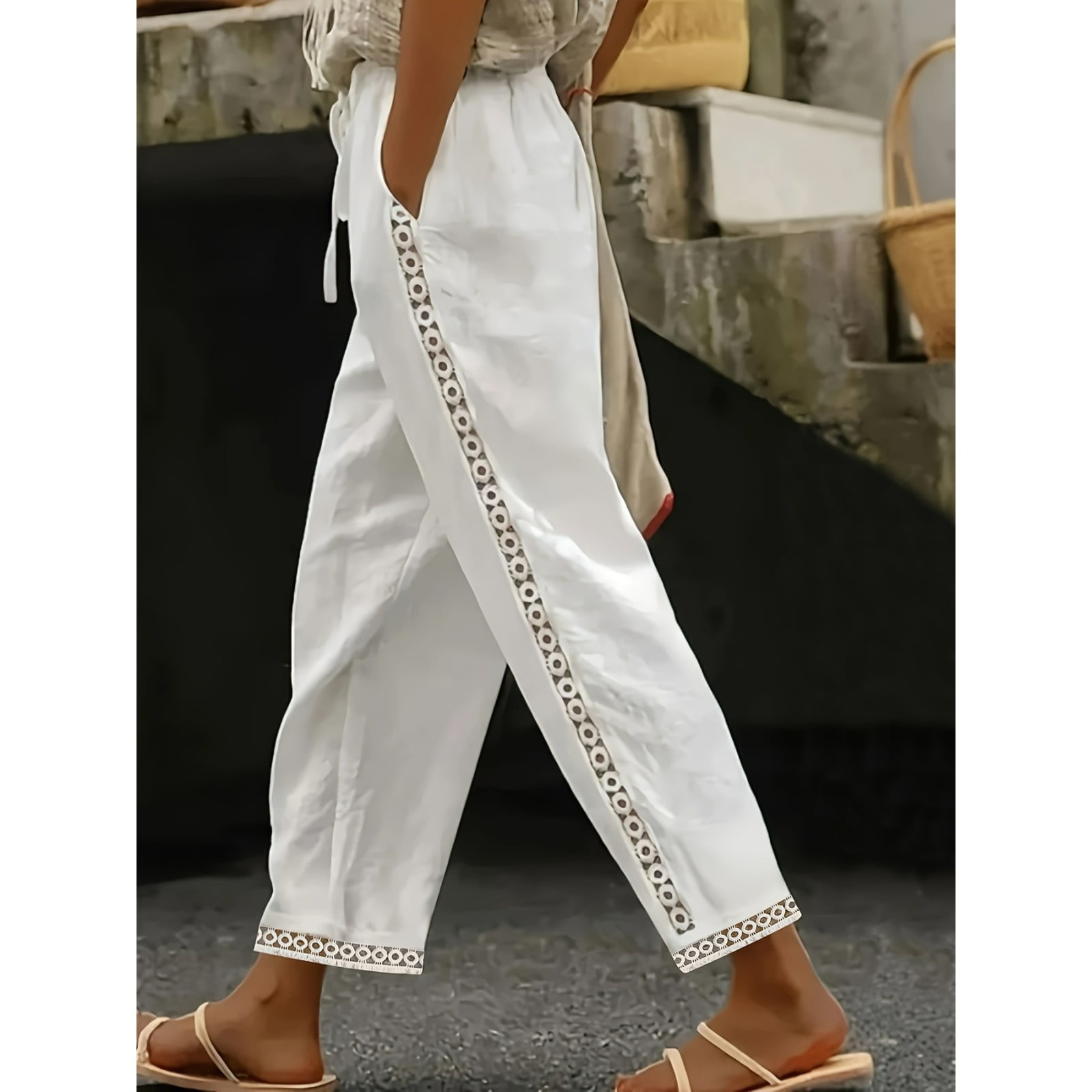 Click here for Hongqid Women Casual Elastic Waist Linen Pants Wit... prices