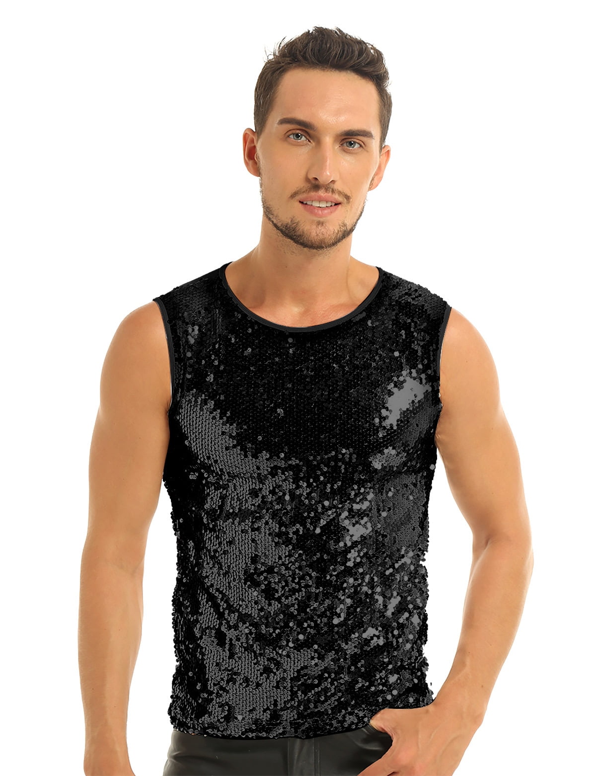 Yeahdor Mens Shiny Sequin Slim Fitted Vest Sleeveless Tank Top Tees T Shirt Clubwear Black Large