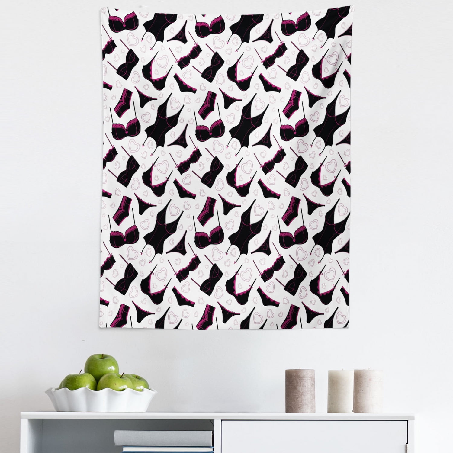 Retro Tapestry, Lingerie Pattern Brassiere and Panties with Hearts ...