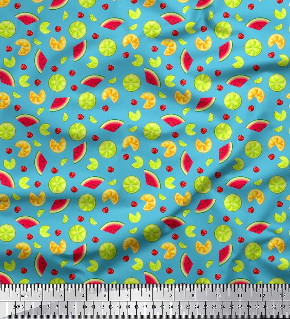 Soimoi Silk Fabric Lemon Slice,Cherry & Watermelon Fruits Print Fabric ...