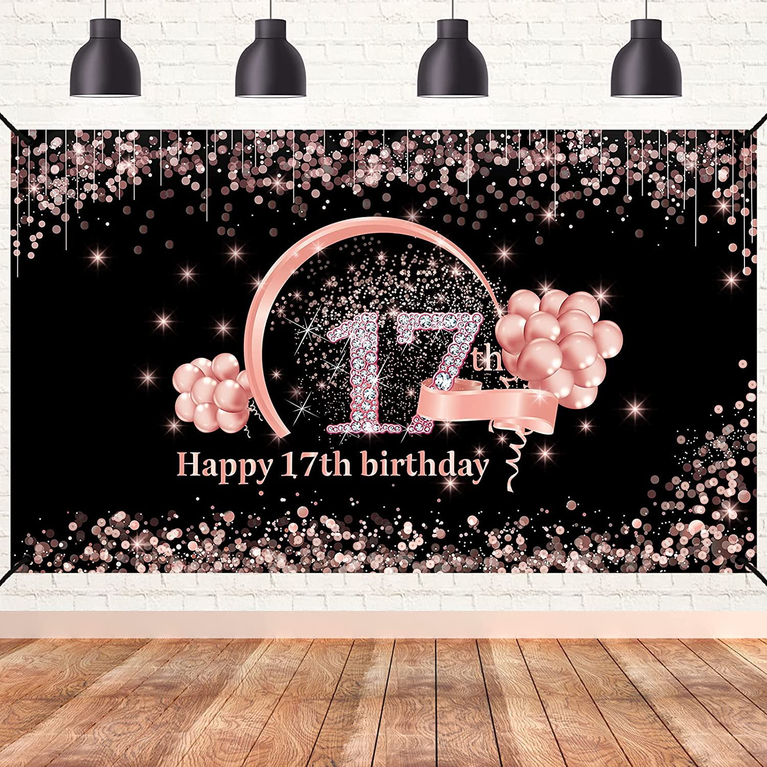 17th Birthday Banner Backdrop Decorations for Girls, Rose Gold Happy ...