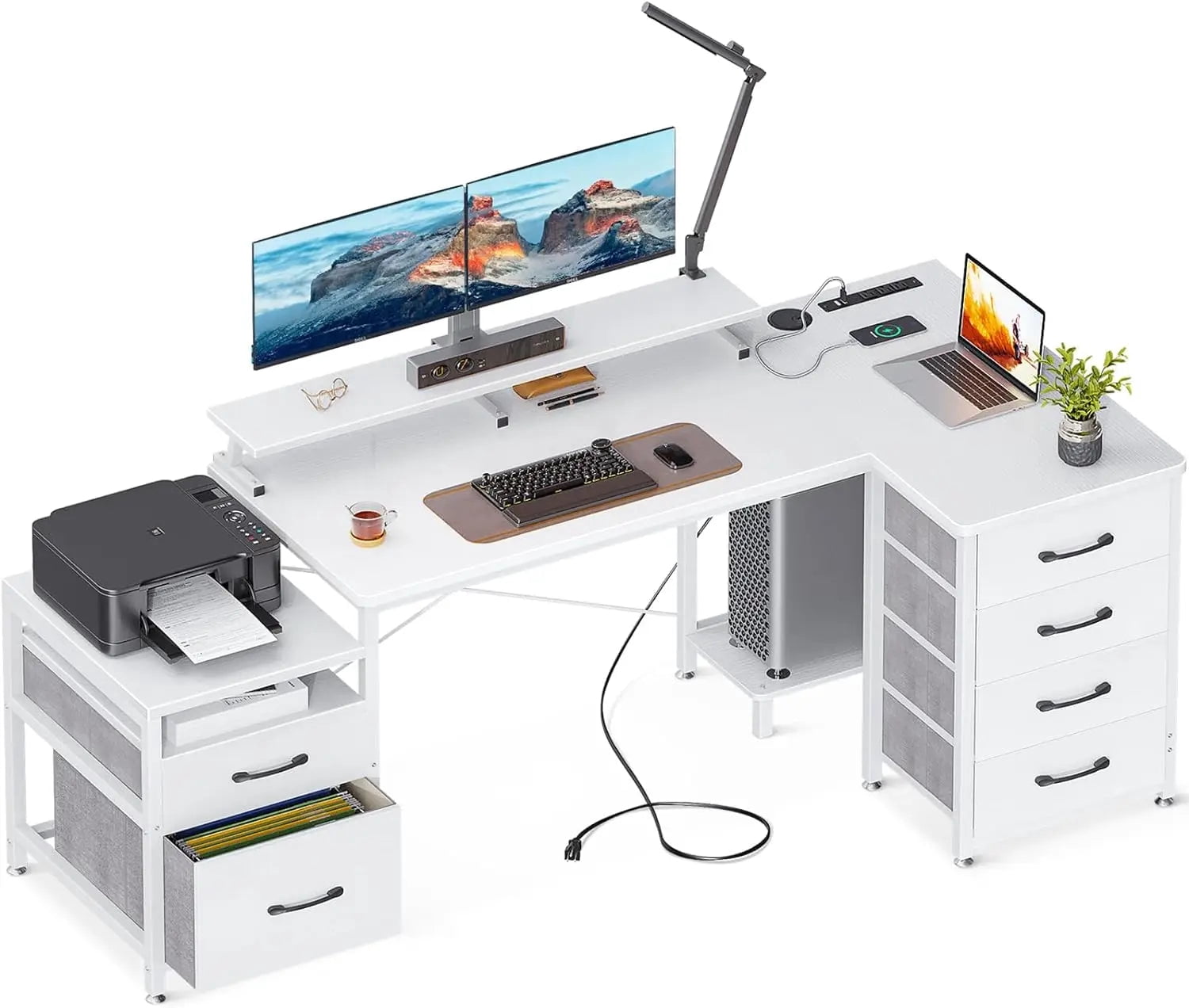 KKL L Shaped Computer Desk with File Drawers & 3 Power Outlets & 2 USB ...