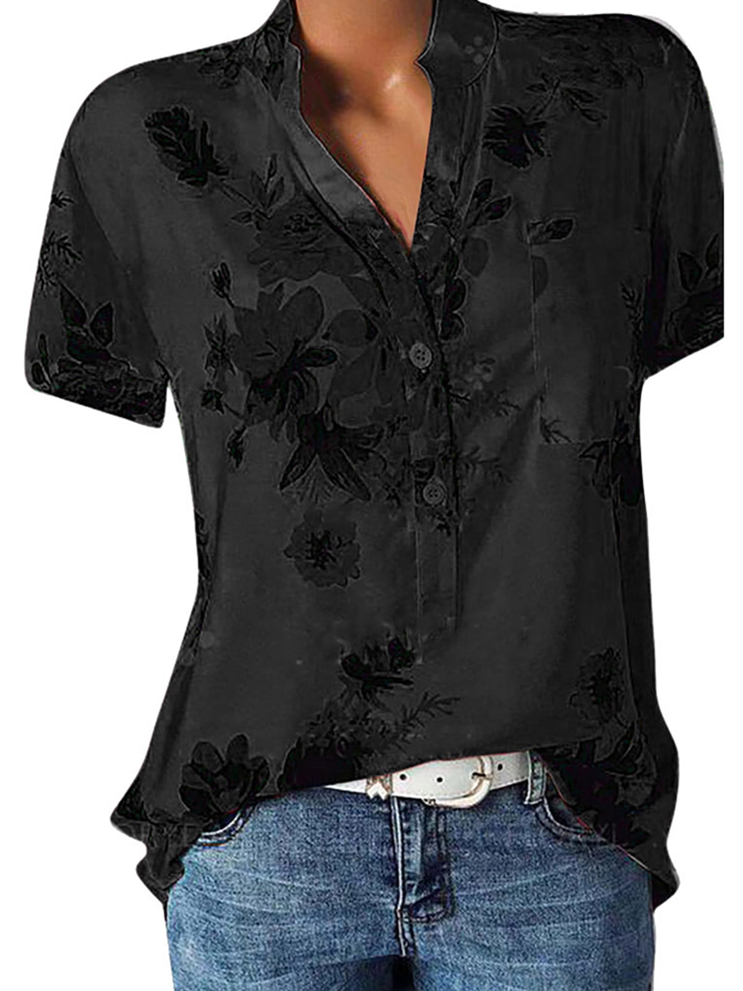 Cilcicy Women Casual Button Collar Shirt Summer Floral Print Pockets ...
