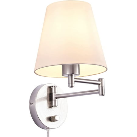 Swing Arm Wall Lamp Plug in, Modern Corded Wall Lamps with White Fabric ...