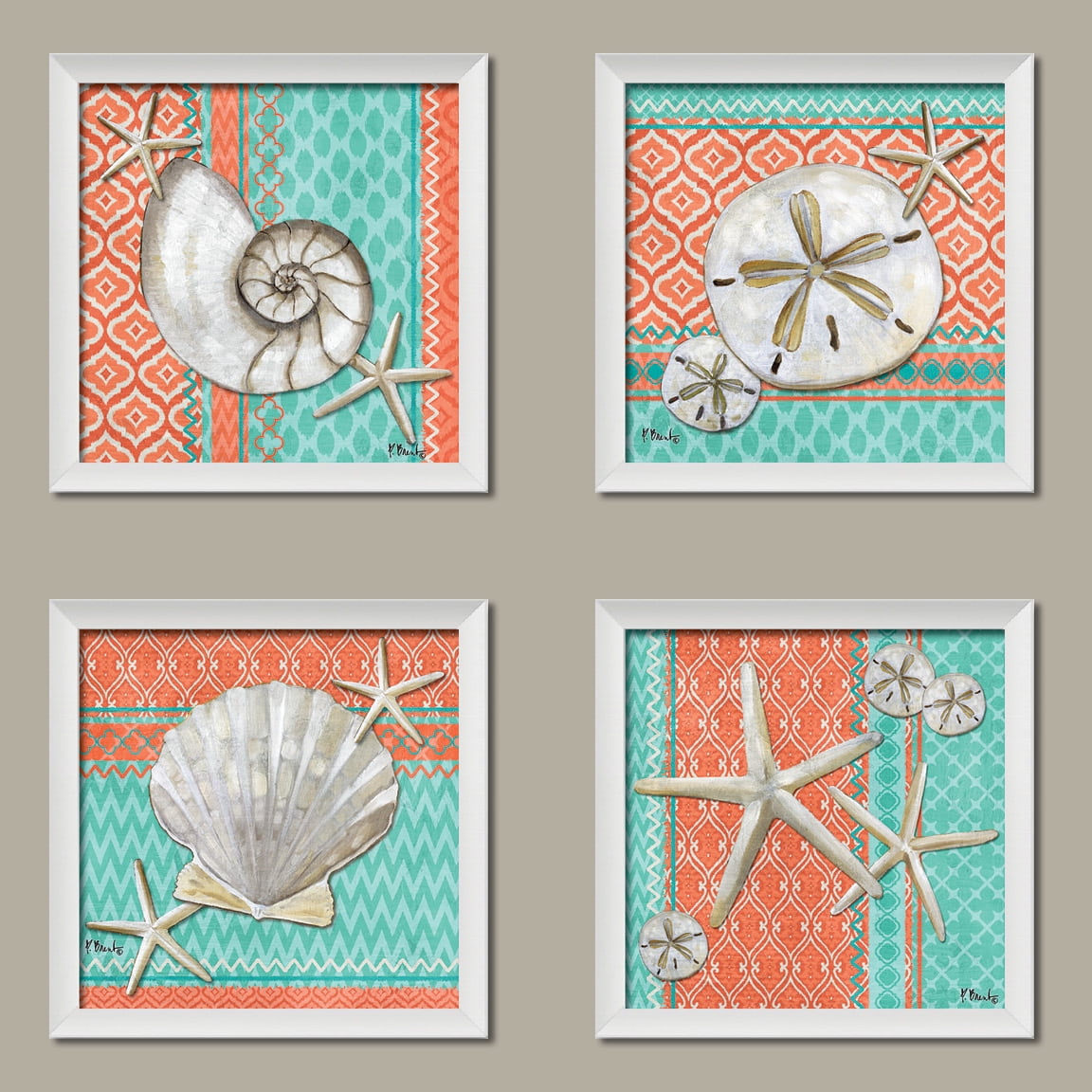 Off-White and Orange Ocean Seashell Adult Nautical Decor; 4 - 12" x 12 ...