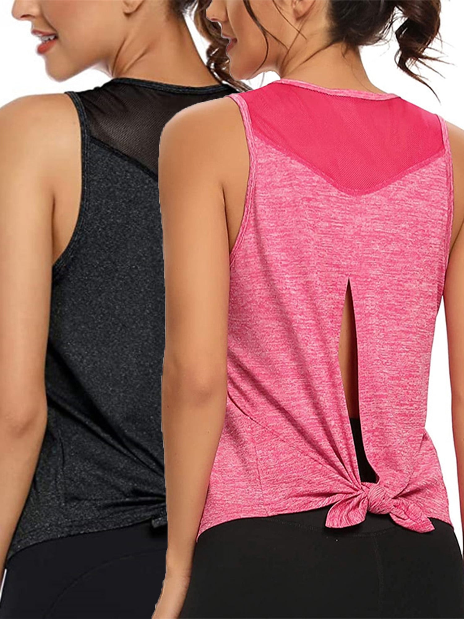MAWCLOS Women Open Back Workout Tank Mesh Stitching Tops 2 Pack ...