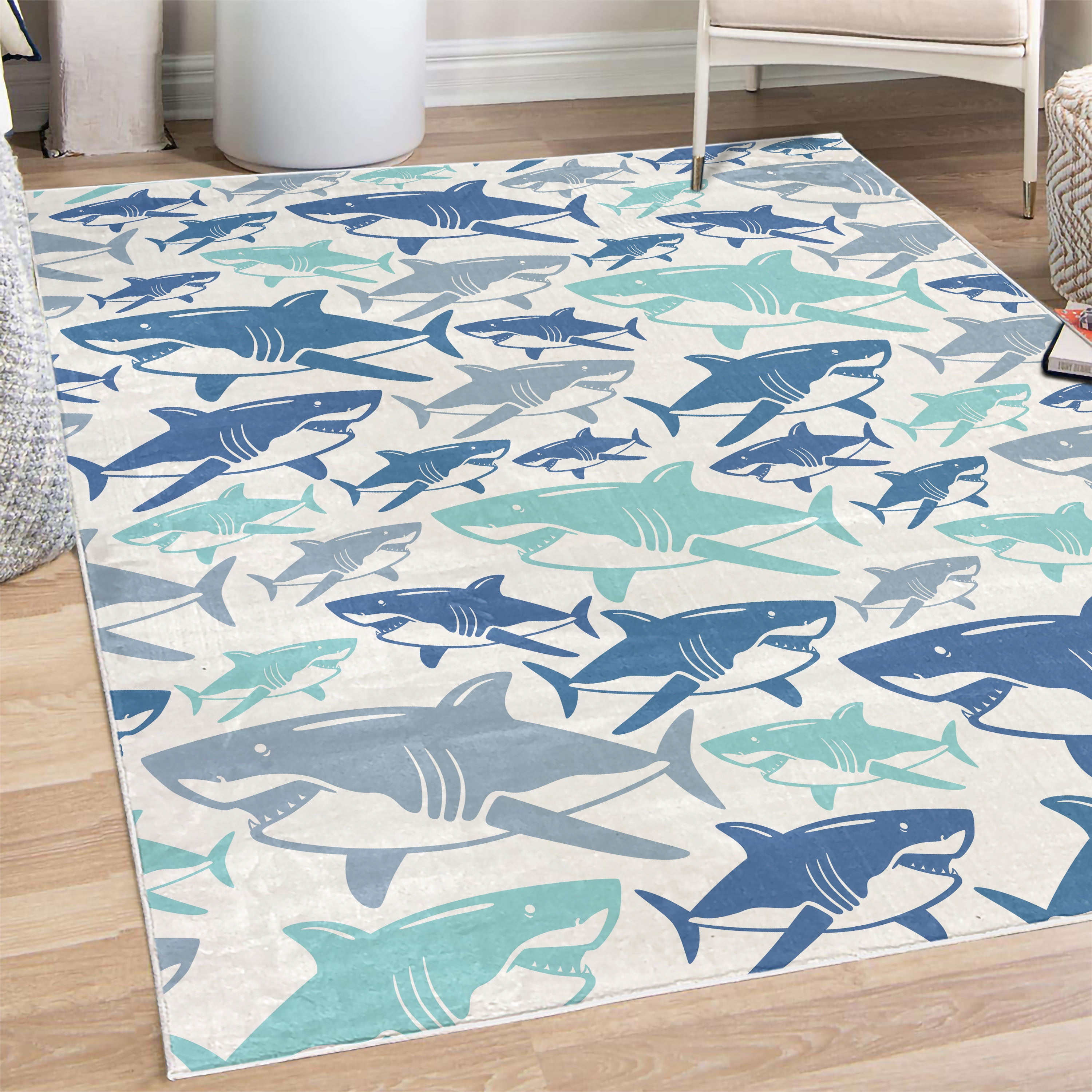 Shark Decorative Rug, Colorful Underwater Fish Pattern Masters Survival ...