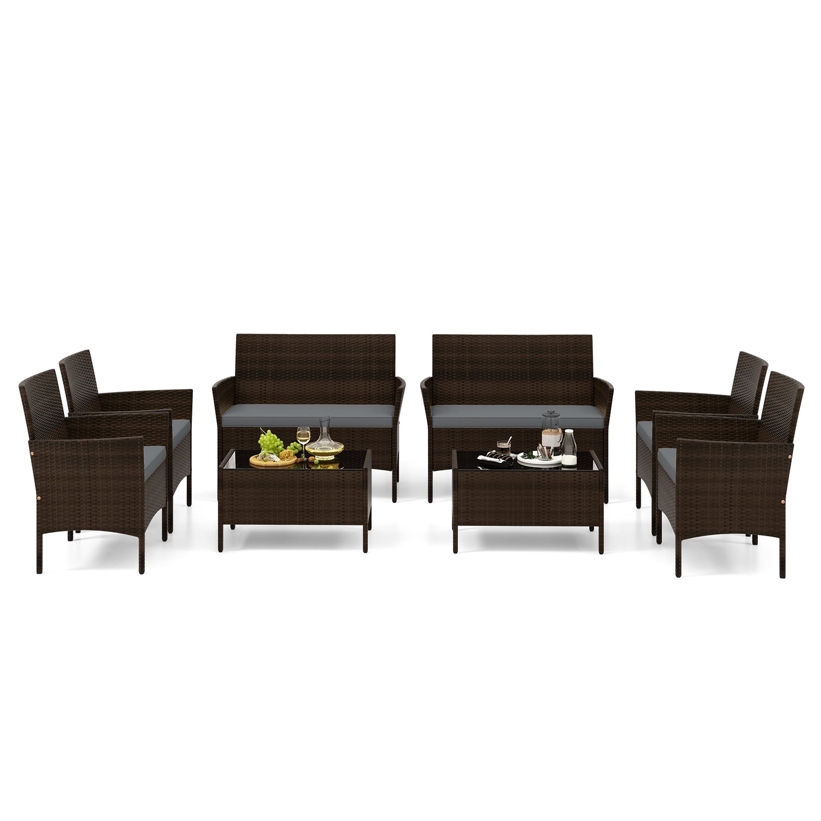 Patiojoy 8 Piece Patio Rattan Conversation Set Outdoor Wicker Furniture Set W/ Chair Loveseat & Tempered Glass Table Gray