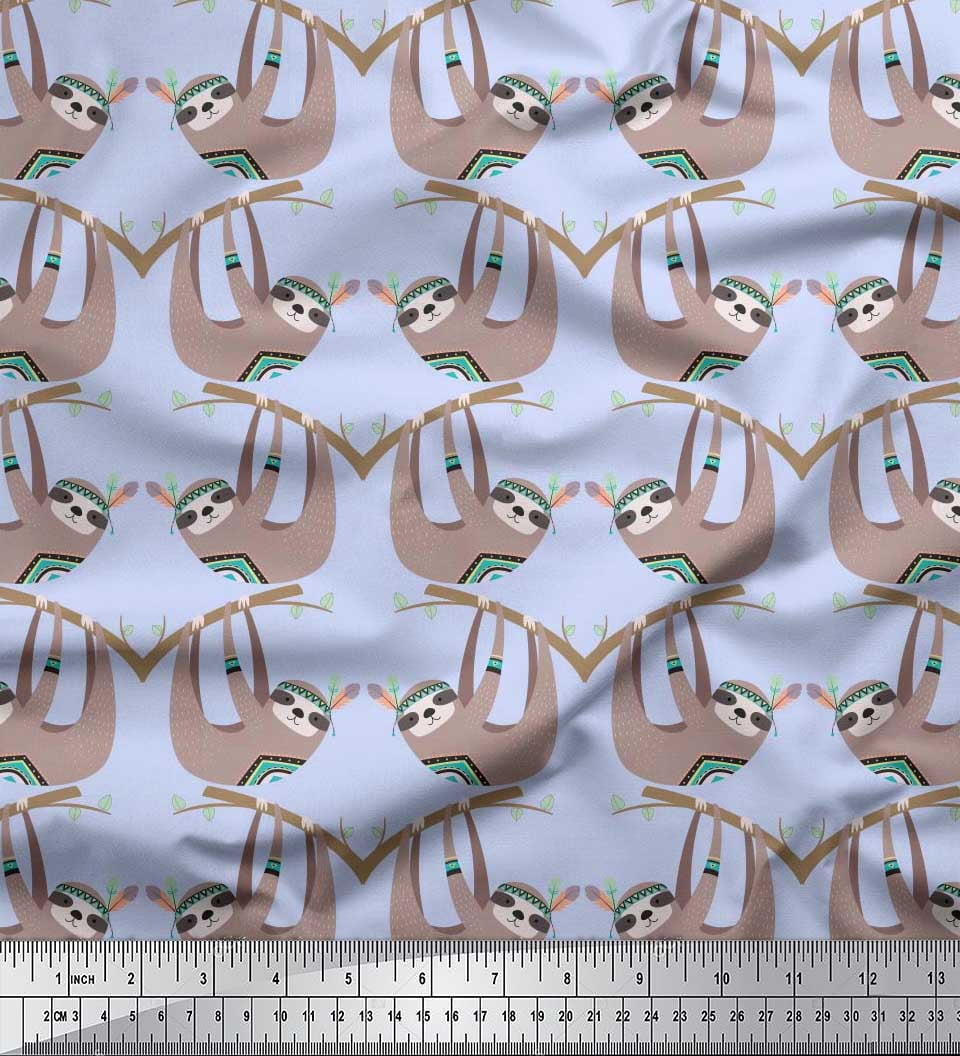 Soimoi Crepe Silk Fabric Feather,Branch & Sloth Cartoon Print Fabric by ...