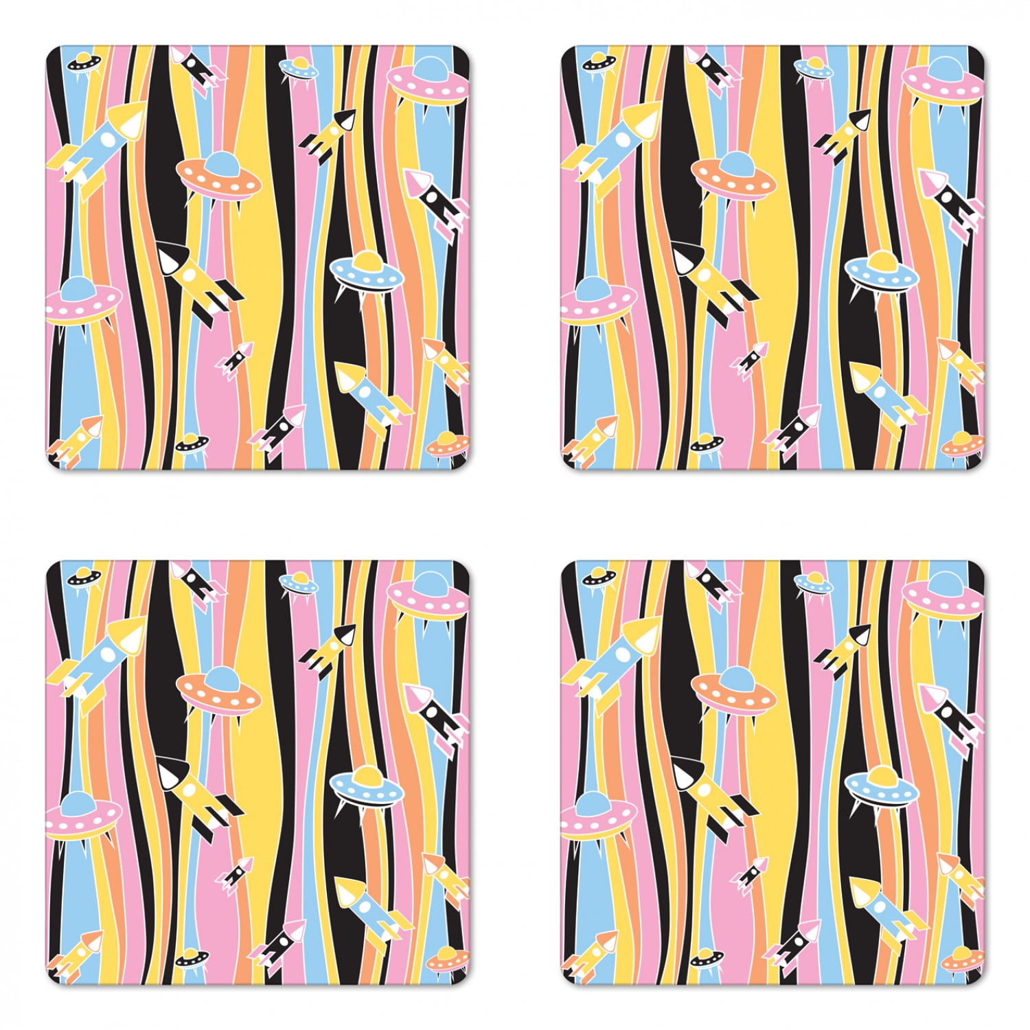 Outer Space Coaster Set of 4, Abstract Childish Design with Cartoon ...